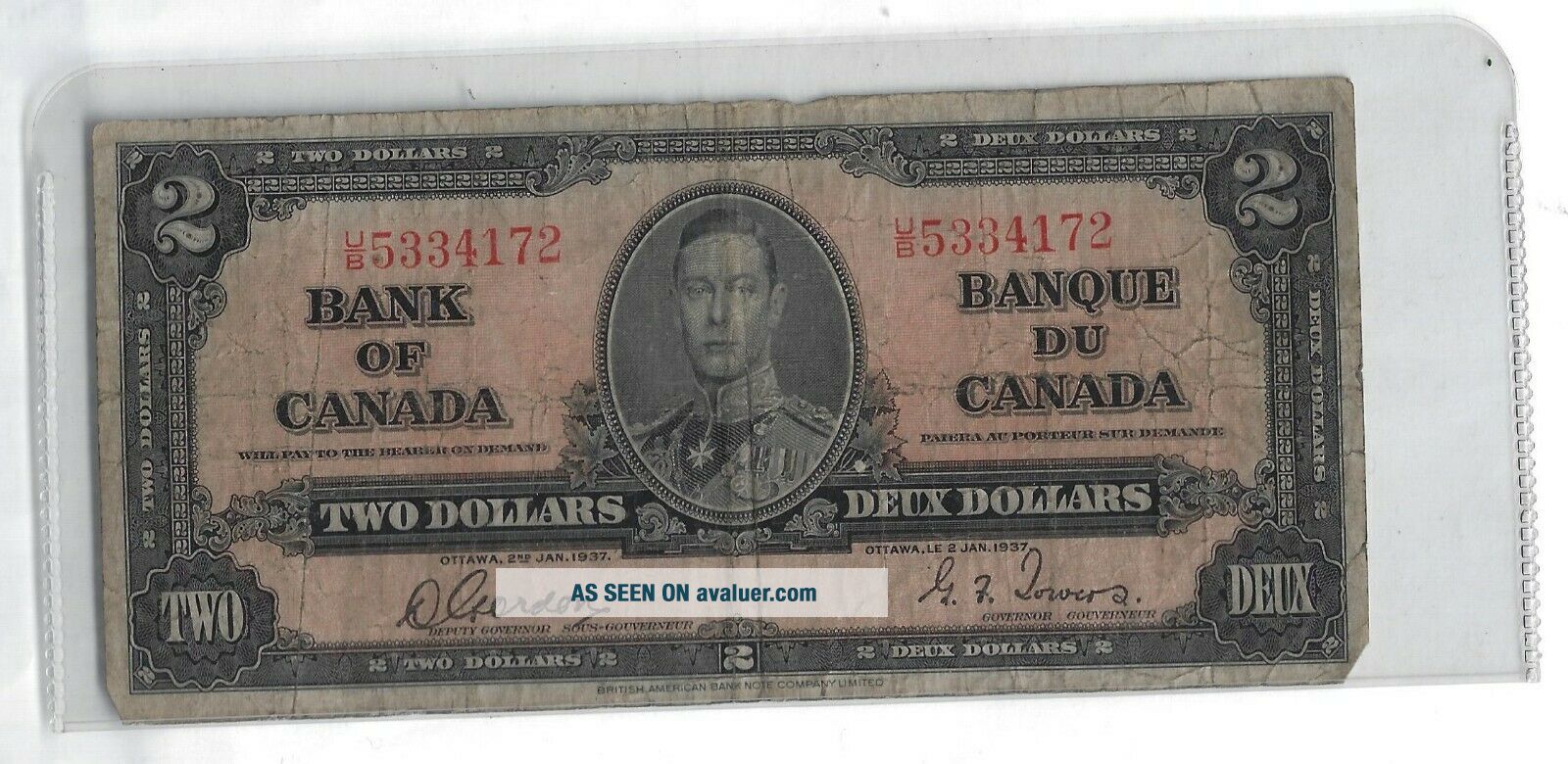 1937 TWO DOLLAR BANK NOTE FROM CANADA GORDON/TOWERS | #9903579