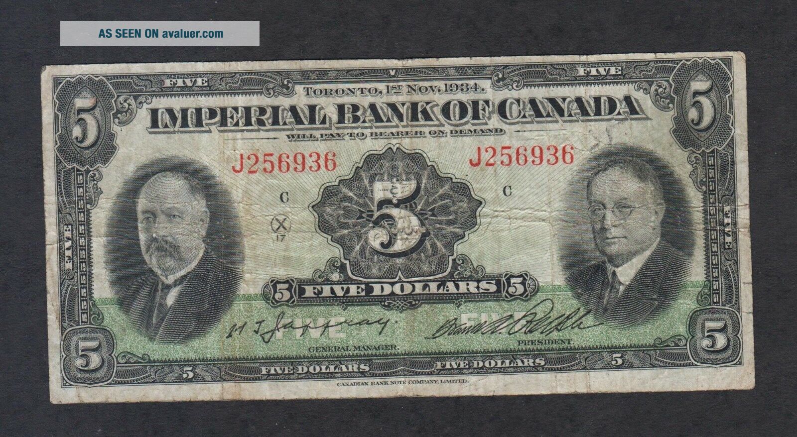1934 $5 IMPERIAL BANK OF CANADA CHARTERED BANKNOTE | #9978542