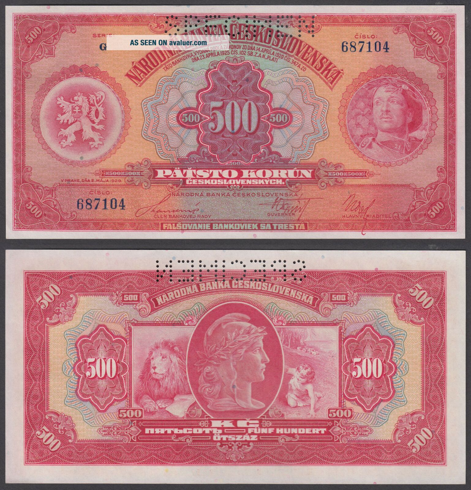 Czechoslovakia 500 Korun 1929 UNC CRISP Banknote SPECIMEN Banknote P ...