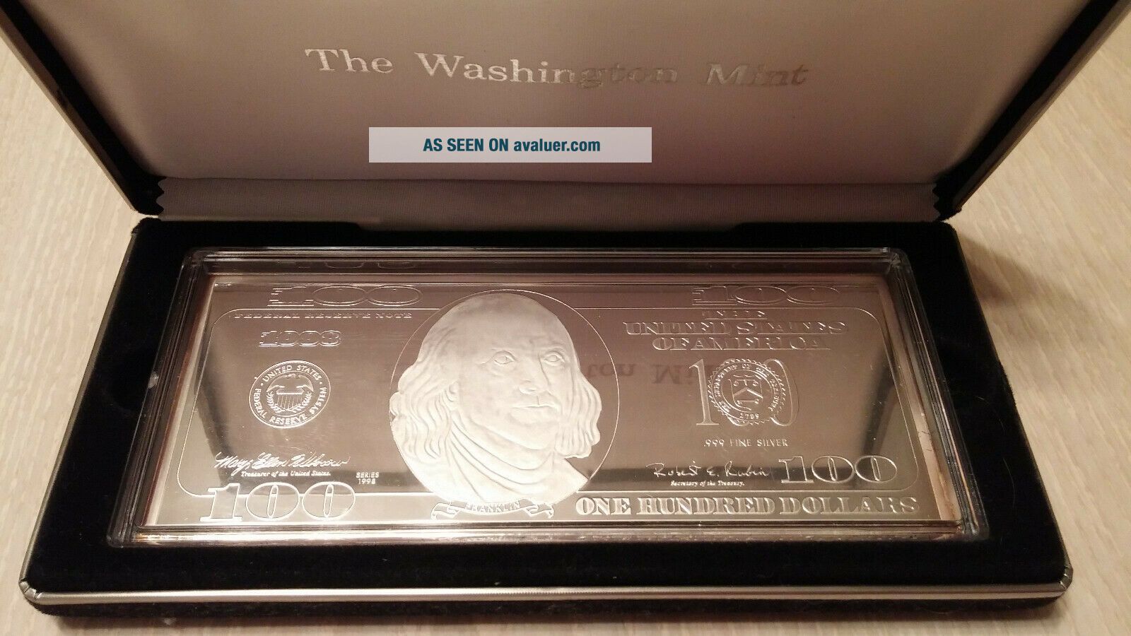 1997 Washington $100 Silver 4 Oz. 999 Silver Proof Franklin Bar W/ Box ...