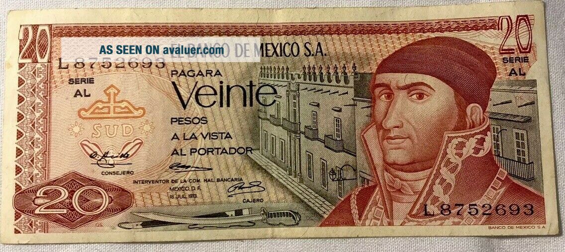 MEXICO MEXICAN 64b VG OLD 1973 20 PESOS BANKNOTE PAPER MONEY BILL NOTE ...