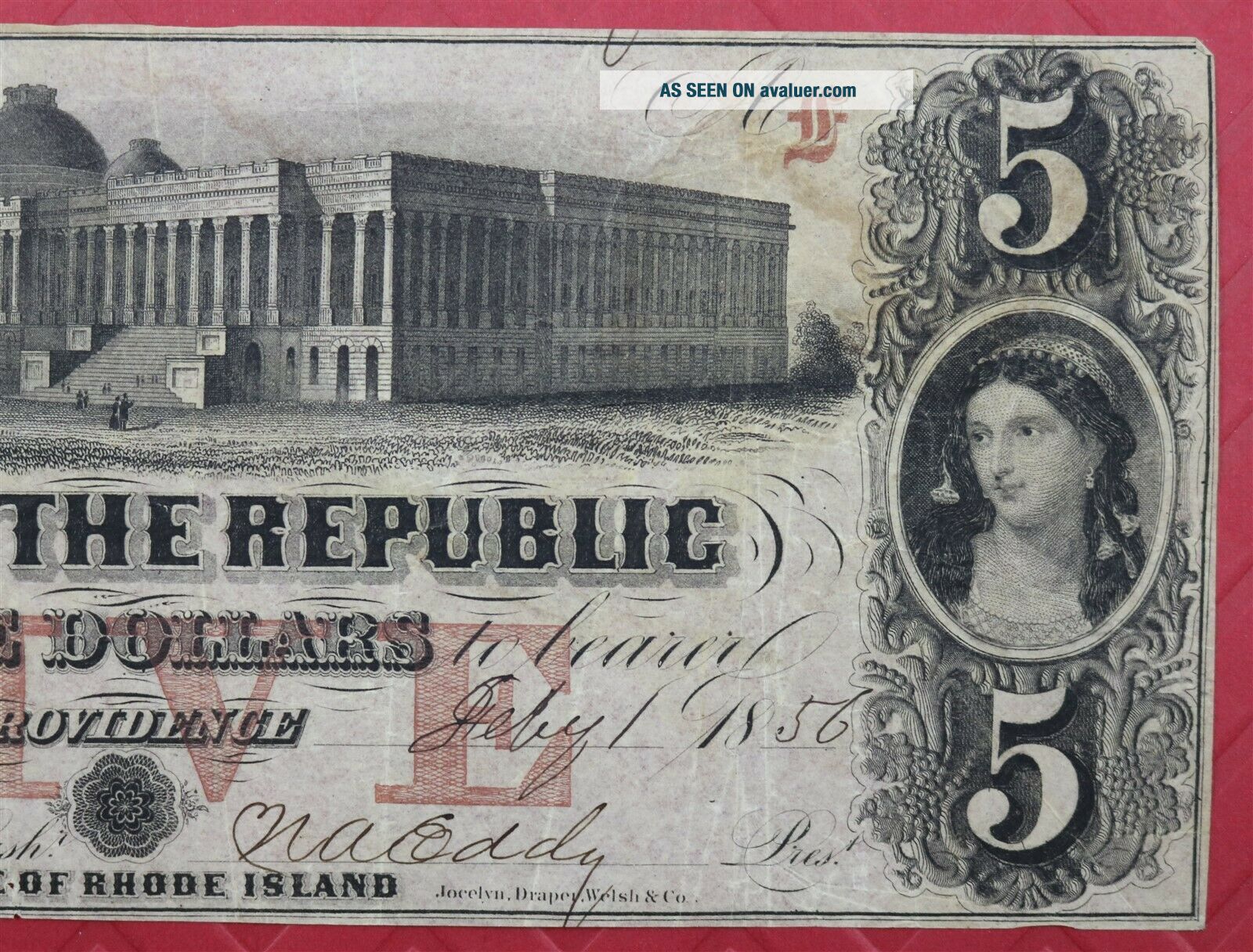 1856 Bank Of The Republic Providence Rhode Island $5 Note Obsolete ...