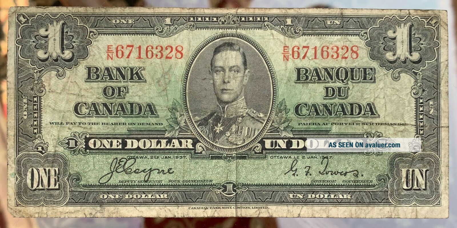 Bank Of Canada King George 1937 1 Dollar Banknote Coyne Towers COMBINED ...