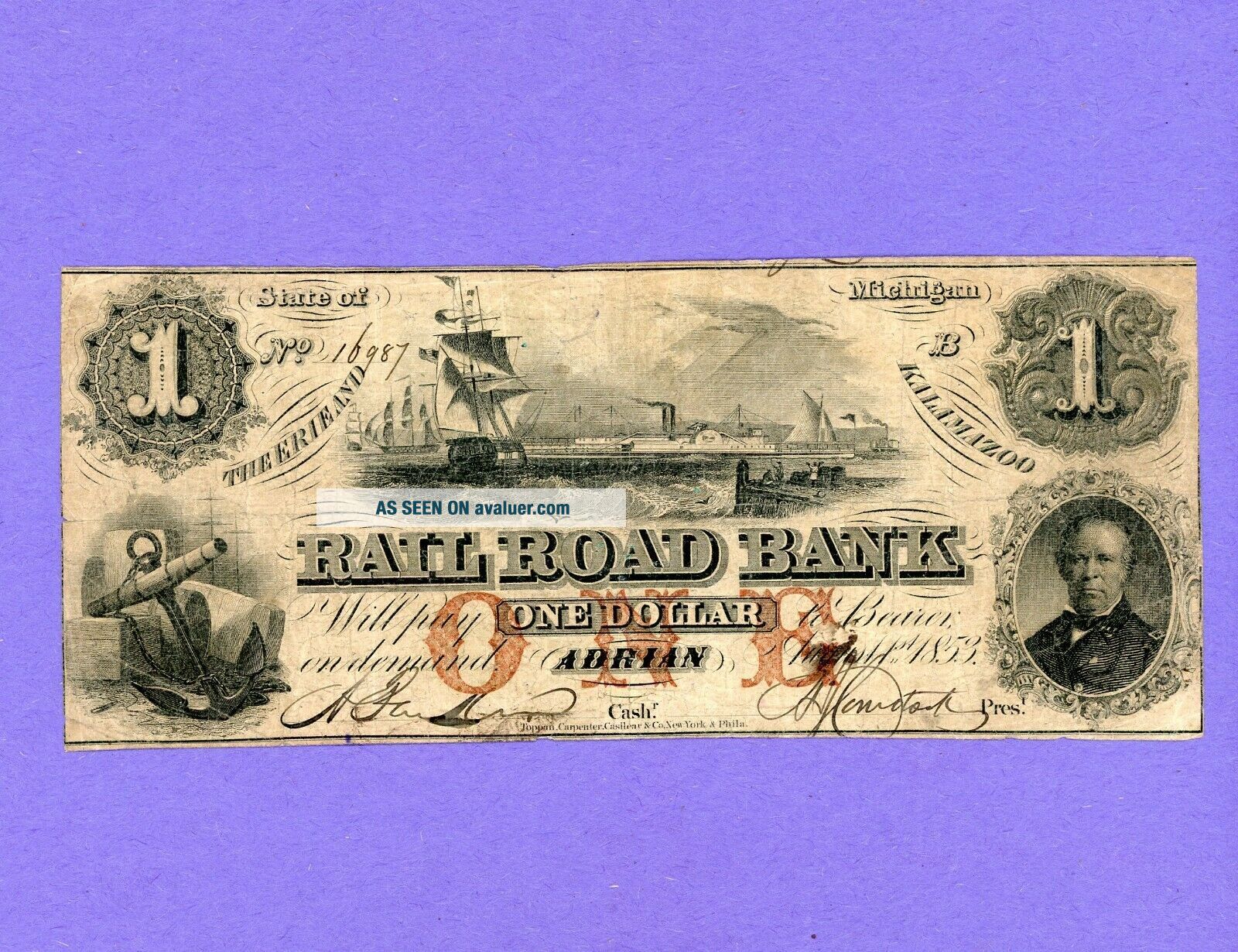 1853 $1 RAILROAD BANK ADRIAN MICHIGAN RARE HIGHER GRADE HAND SIGNED ...