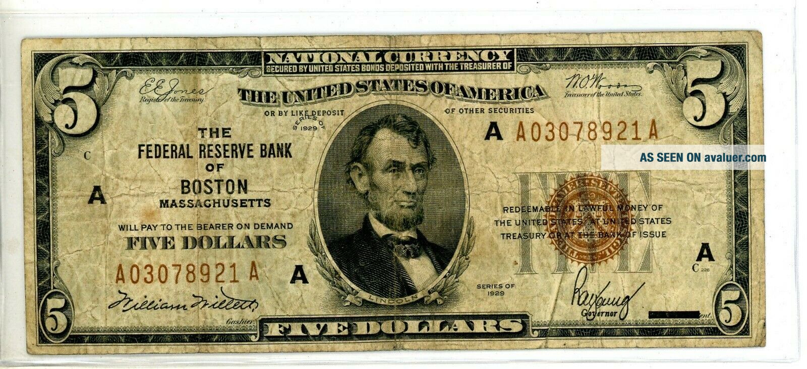 1929 $5 Five Dollars National Currency, Federal Reserve Bank Of Boston ...