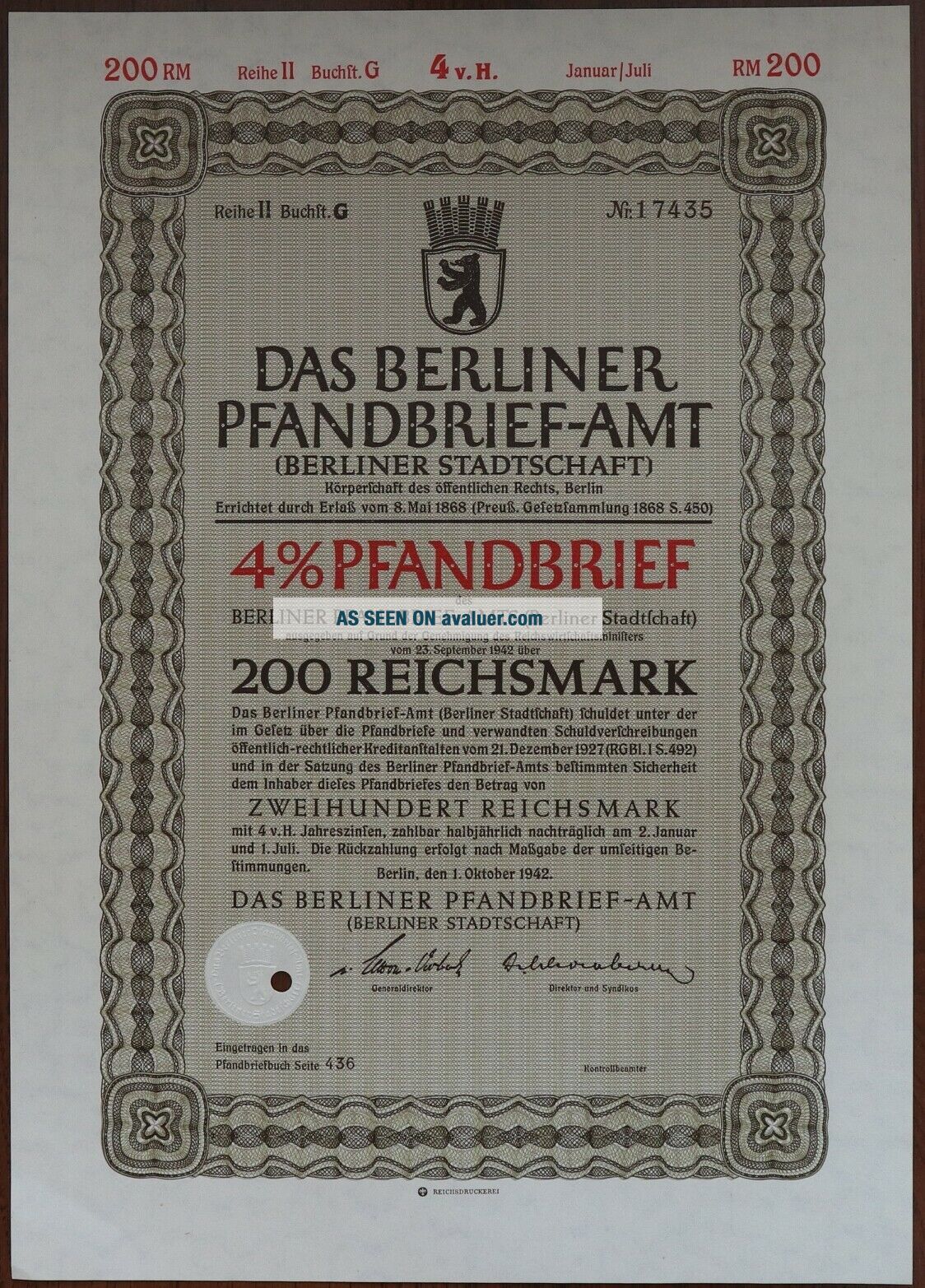 200 Reichsmark 1942 Treasury Bond Of Germany - Series: 17435 | #10371095