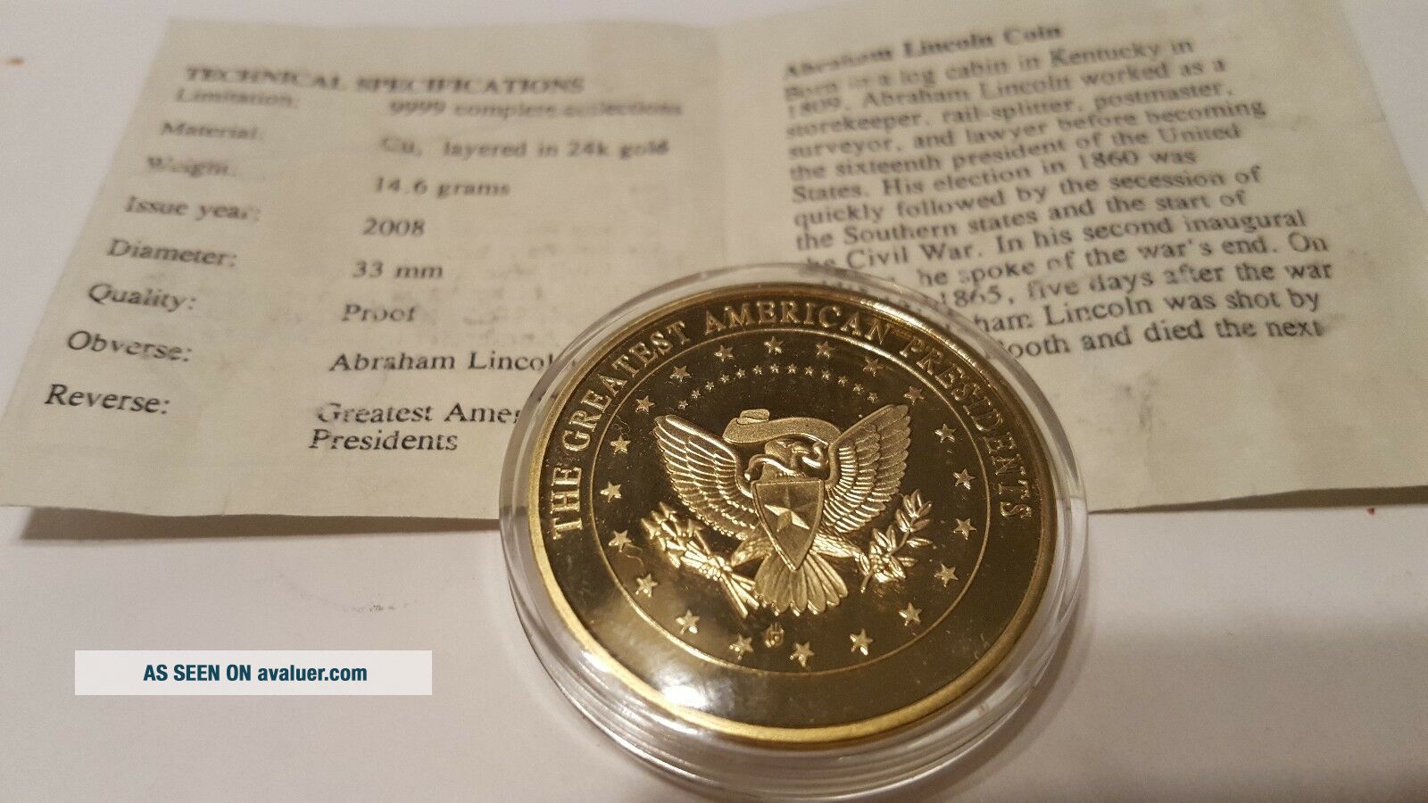 U. S. PRESIDENT ABRAHAM LINCOLN 24k Gold Layered PROOF COIN | #10397244