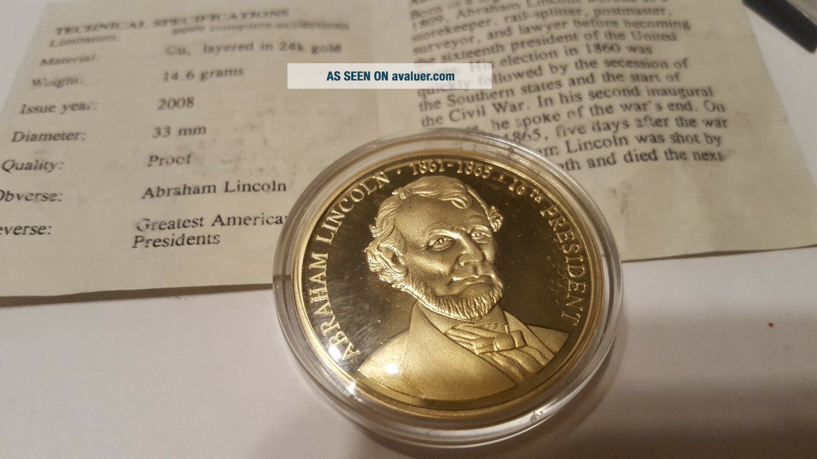 U. S. PRESIDENT ABRAHAM LINCOLN 24k Gold Layered PROOF COIN | #10397244