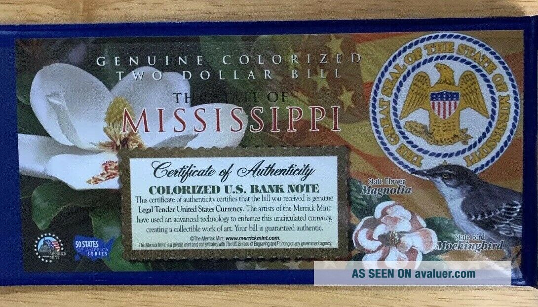 Merrick Commemorative Colorized Two (2) Dollar Bill 50 States Series ...