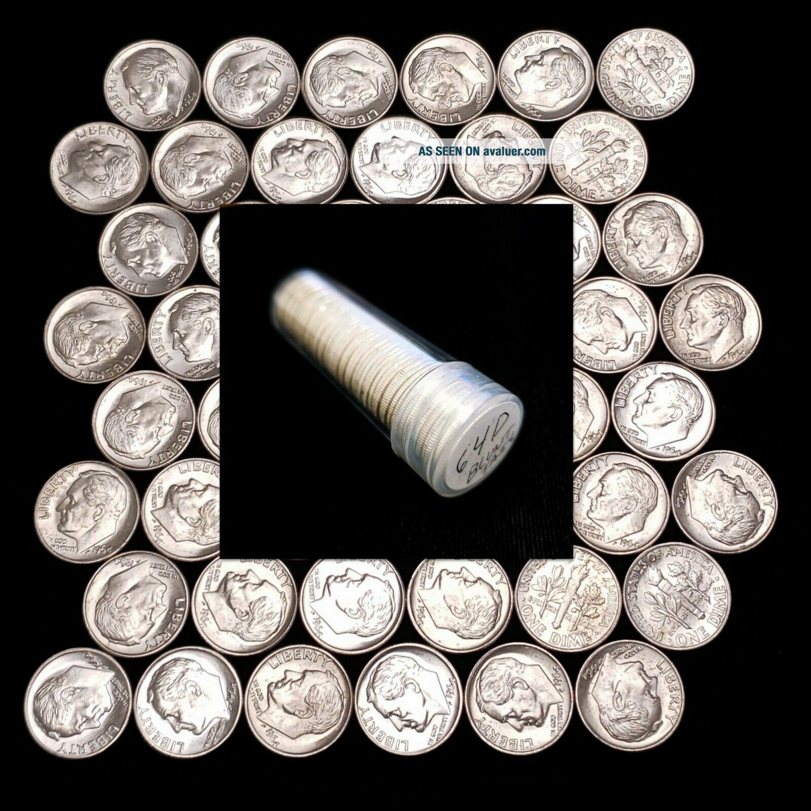 1964 D Roosevelt Silver Dimes Roll (50) 10c Uncirculated Blunt Tail ...