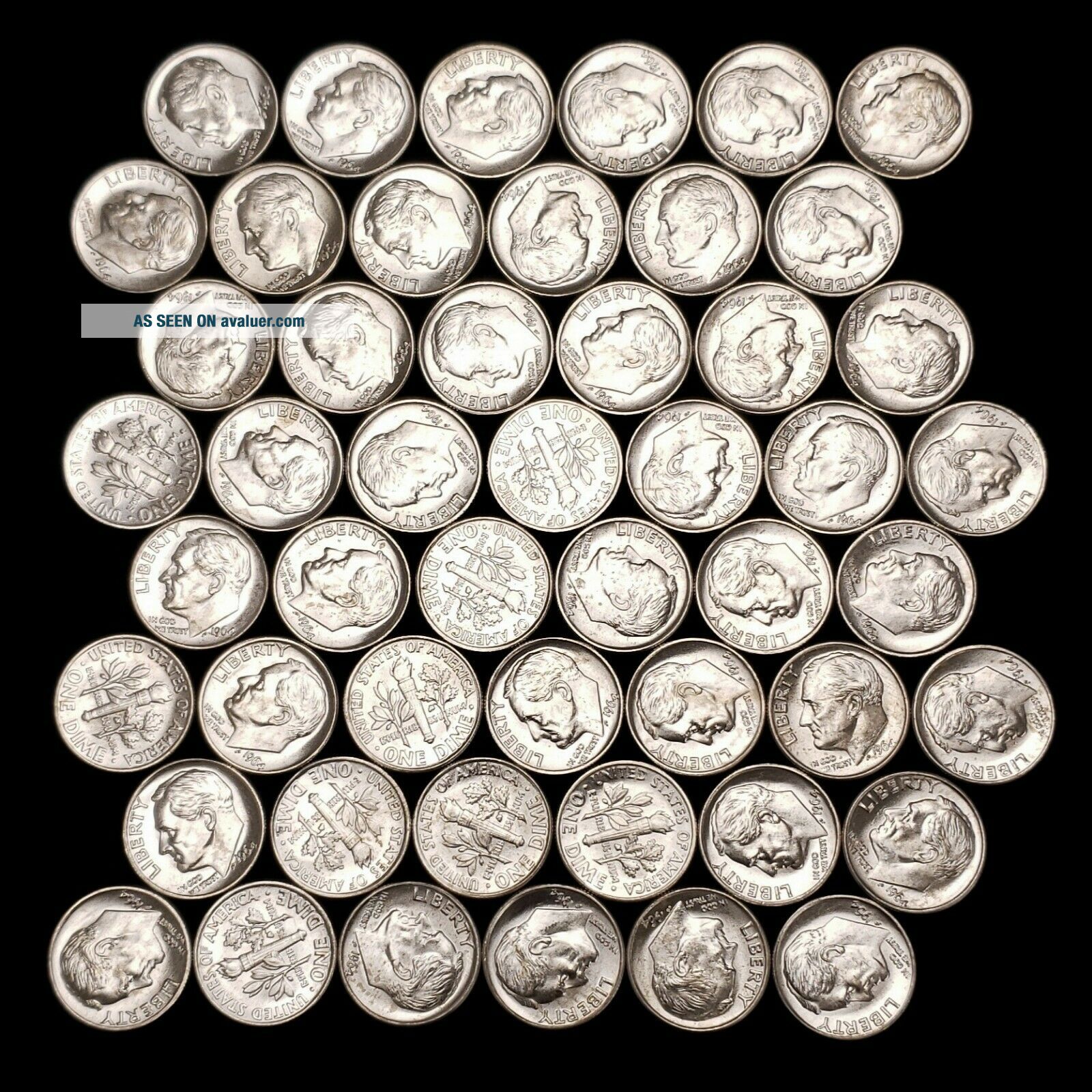 1964 Roosevelt Silver Dimes Roll (50) 10c Blunt Tail Brilliant Unc ...