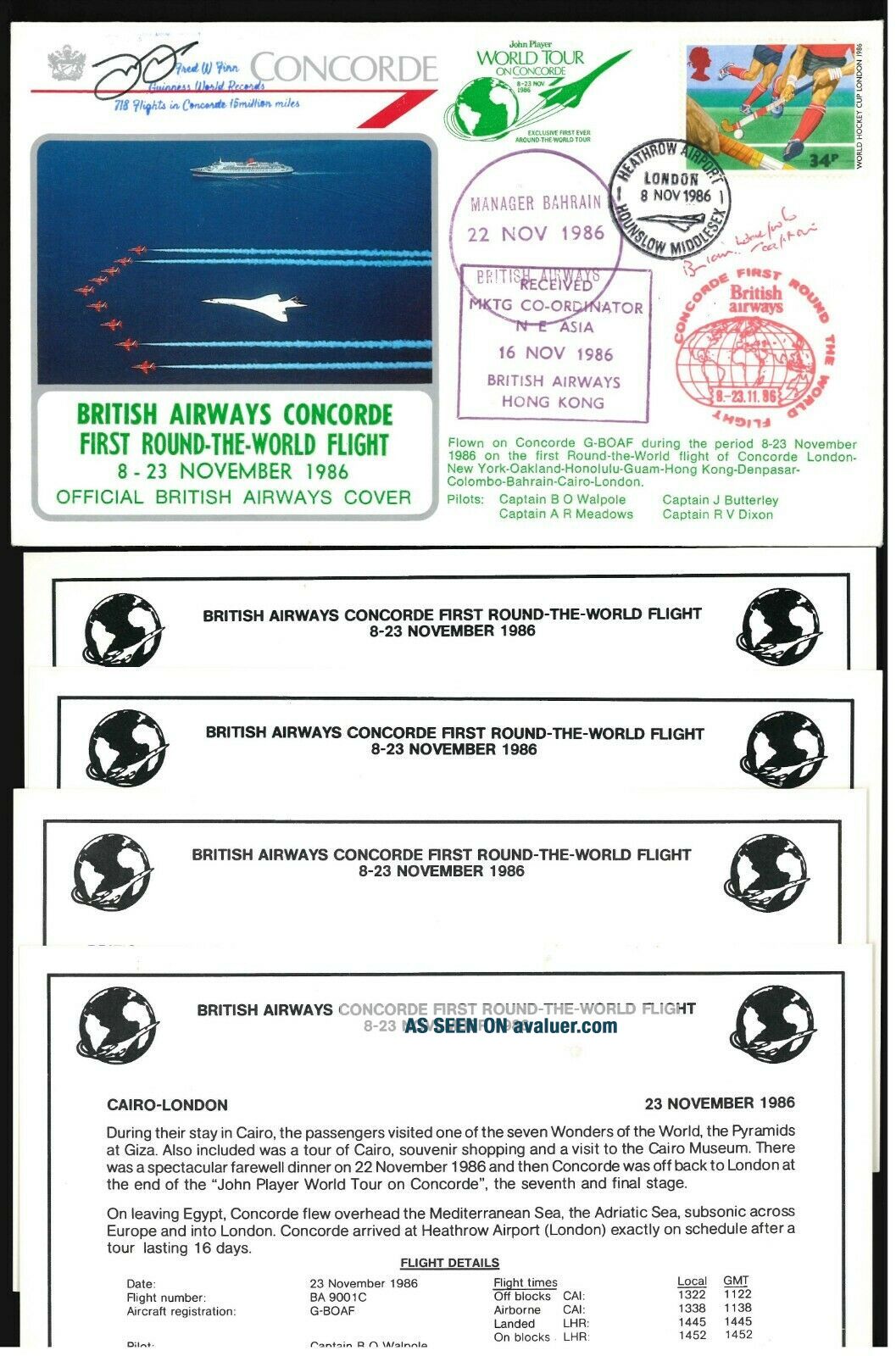 ' 86 BA CONCORDE Cpt BRIAN WALPOLE, SIGNED COVER_1st ROUND THE WORLD ...