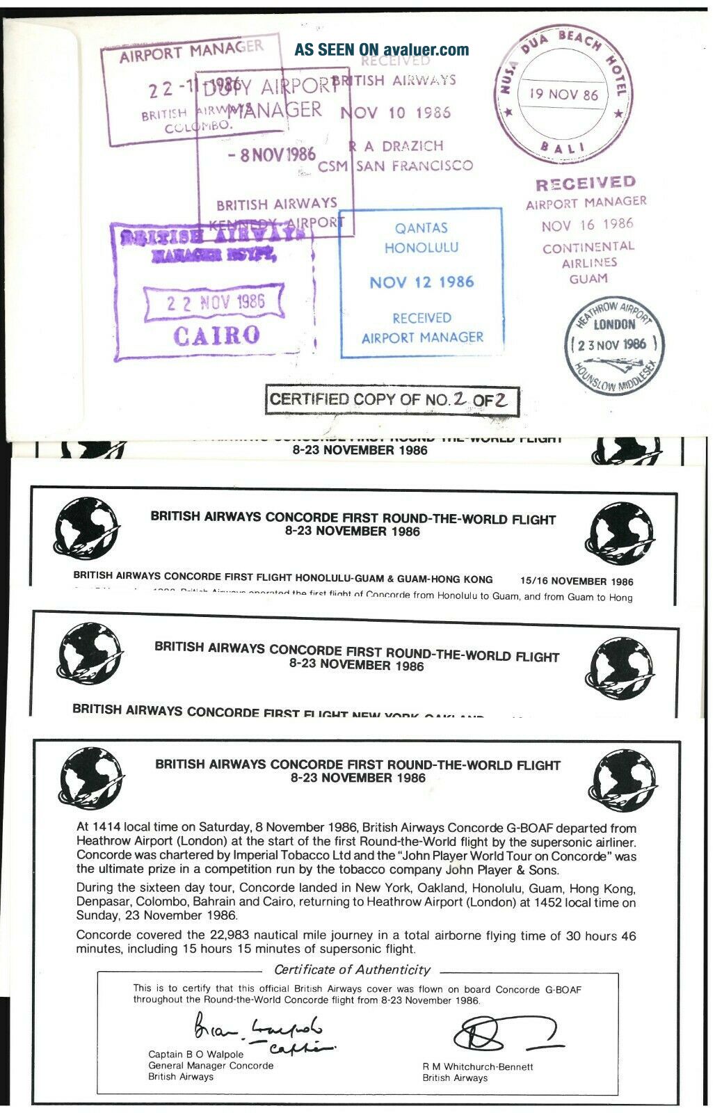 ' 86 BA CONCORDE Cpt BRIAN WALPOLE, SIGNED COVER_1st ROUND THE WORLD ...