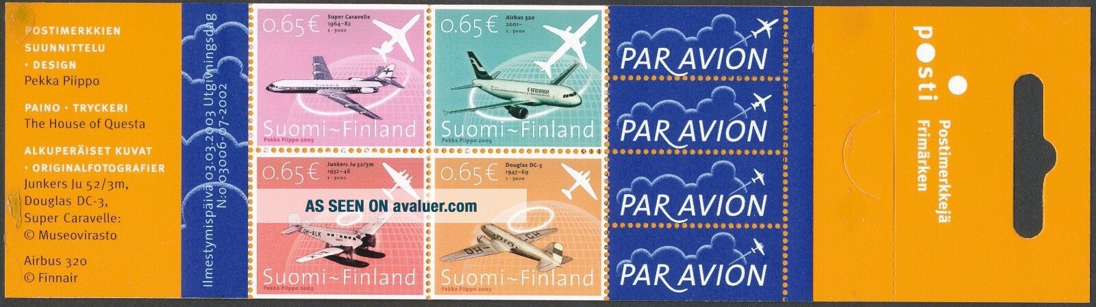 Finland 2003 MNH Booklet - Airplanes - Aviation - Junkers Caravelle ...