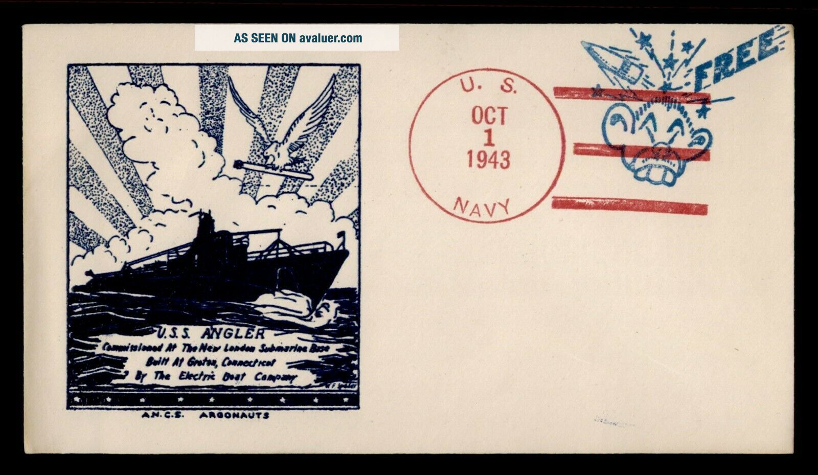 DR WHO 1943 USS ANGLER NAVAL SUBMARINE COMMISSIONED ANCS CACHET WWII ...