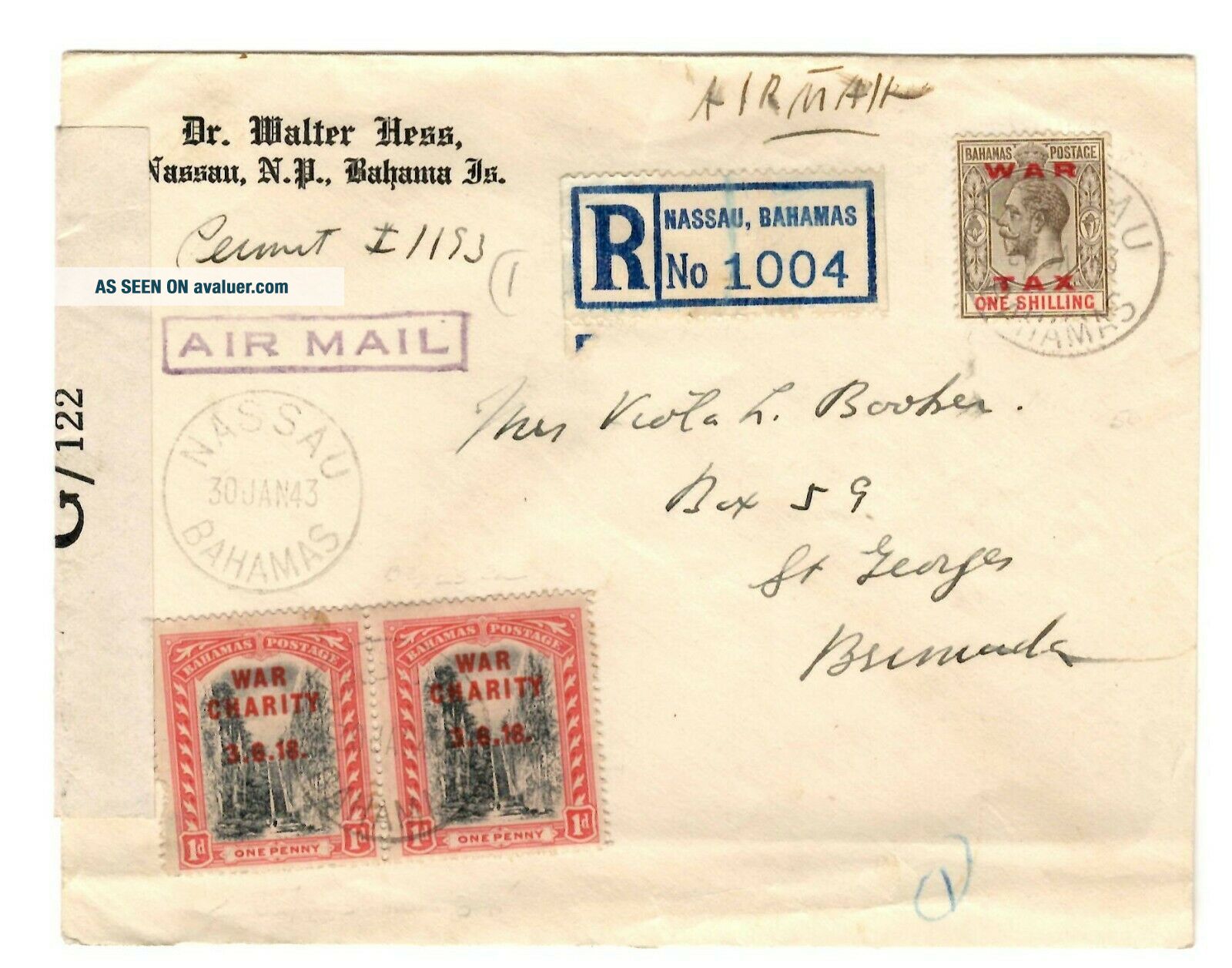 Bahamas 1943 Censor Cover Sent To Bermuda With War Tax Stamp & War ...