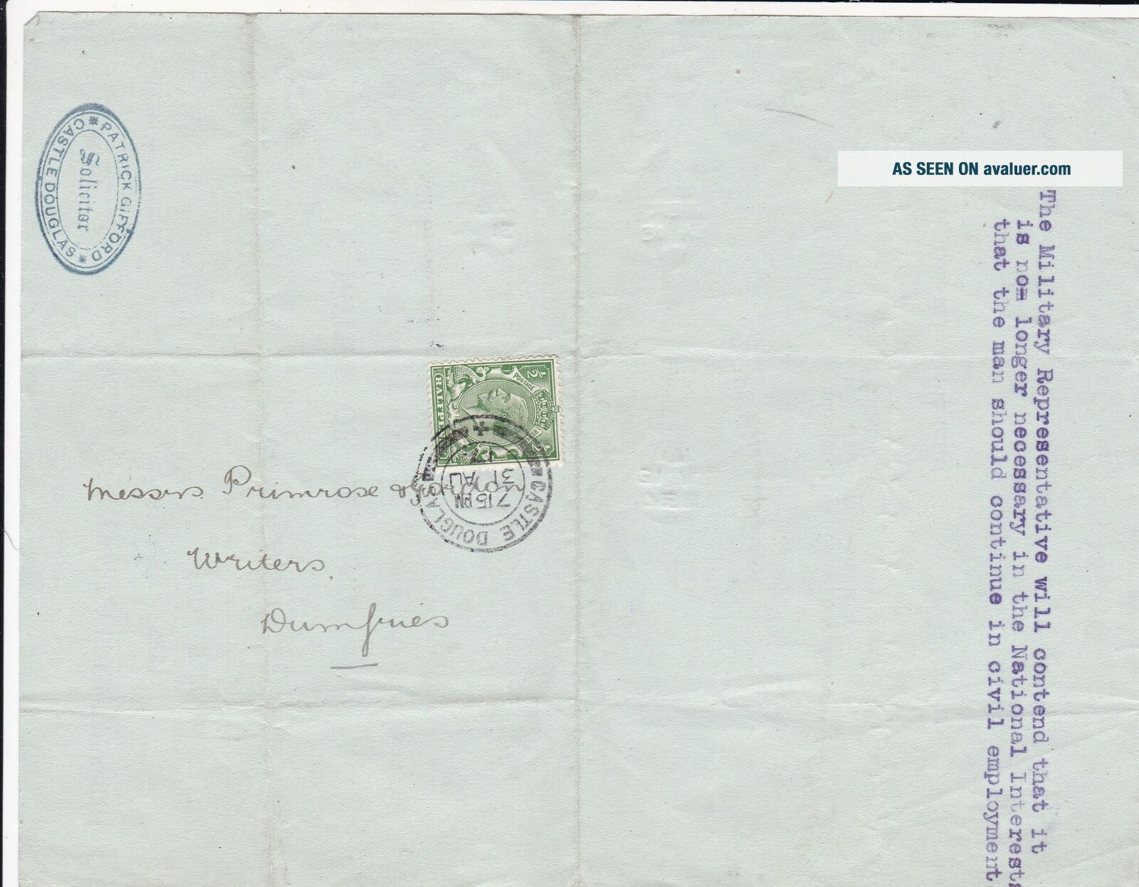 England 1917 Castle Douglas Cancel Local Tribunal Solicitor Stamp ...