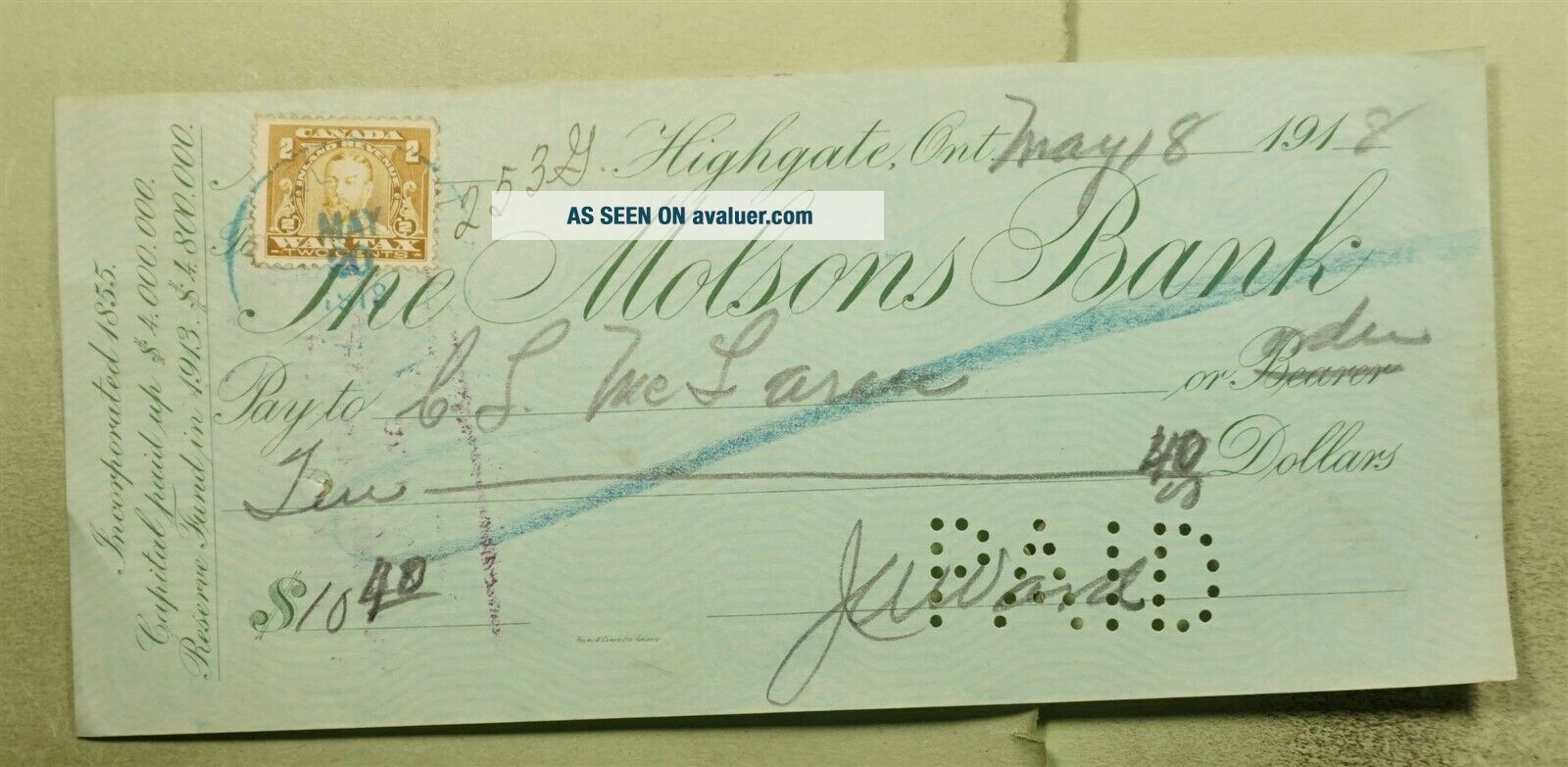 DR WHO 1918 CANADA HIGHGATE BANK CHECK/DRAFT WITH REVENUE E70018 ...