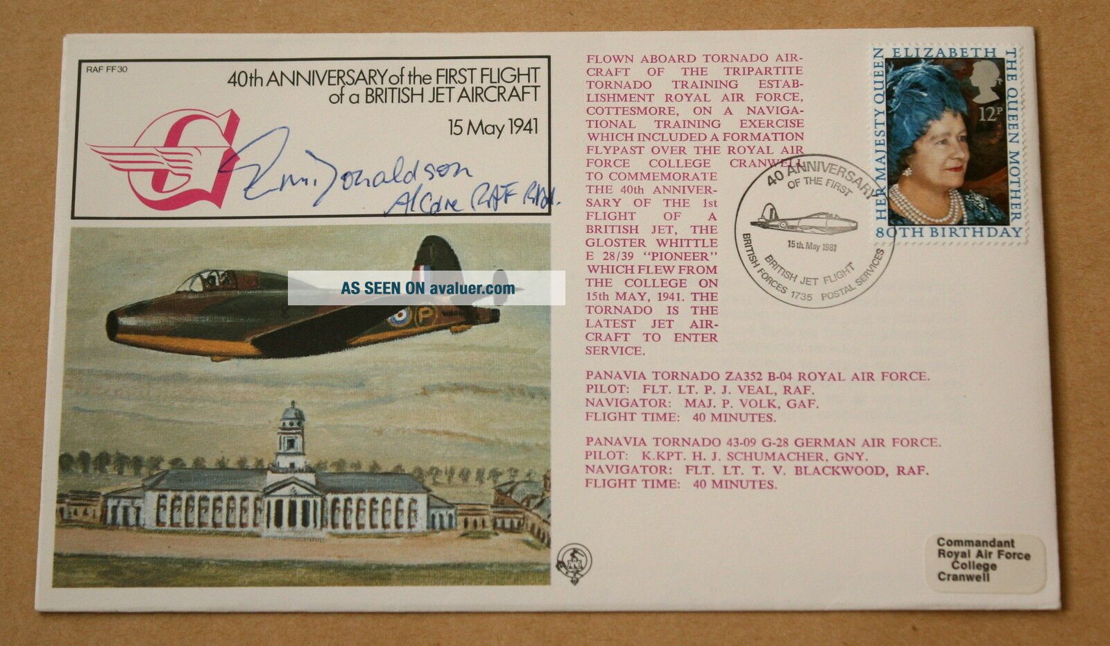 40TH ANNIV OF 1ST BRITISH JET AIRCRAFT 1981 COVER SIGNED AIR COMMODORE ...