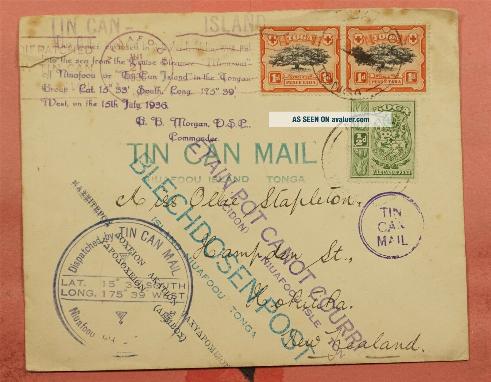 1936 TONGA TIN CAN MAIL FROM MENOWAI STEAMER NIUAFO ' OU TO ZEALAND ...