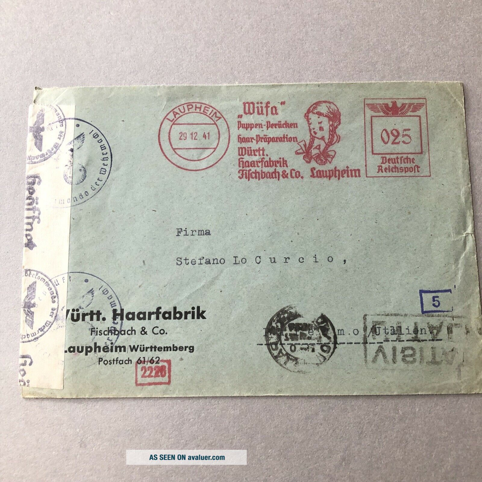 Z) Cover Germany To Italy WW2 Censored Meter Stamp 1941 Laupheim Child ...