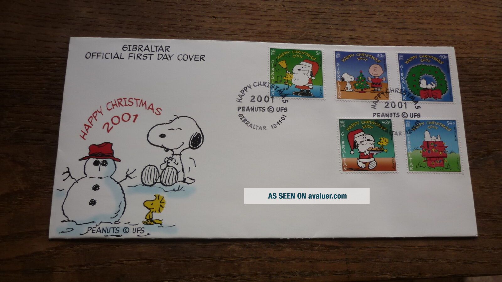 GIBRALTAR STAMP ISSUE FDC, 2001 PEANUTS CHARLIE BROWN SNOOPY SET OF 5 ...