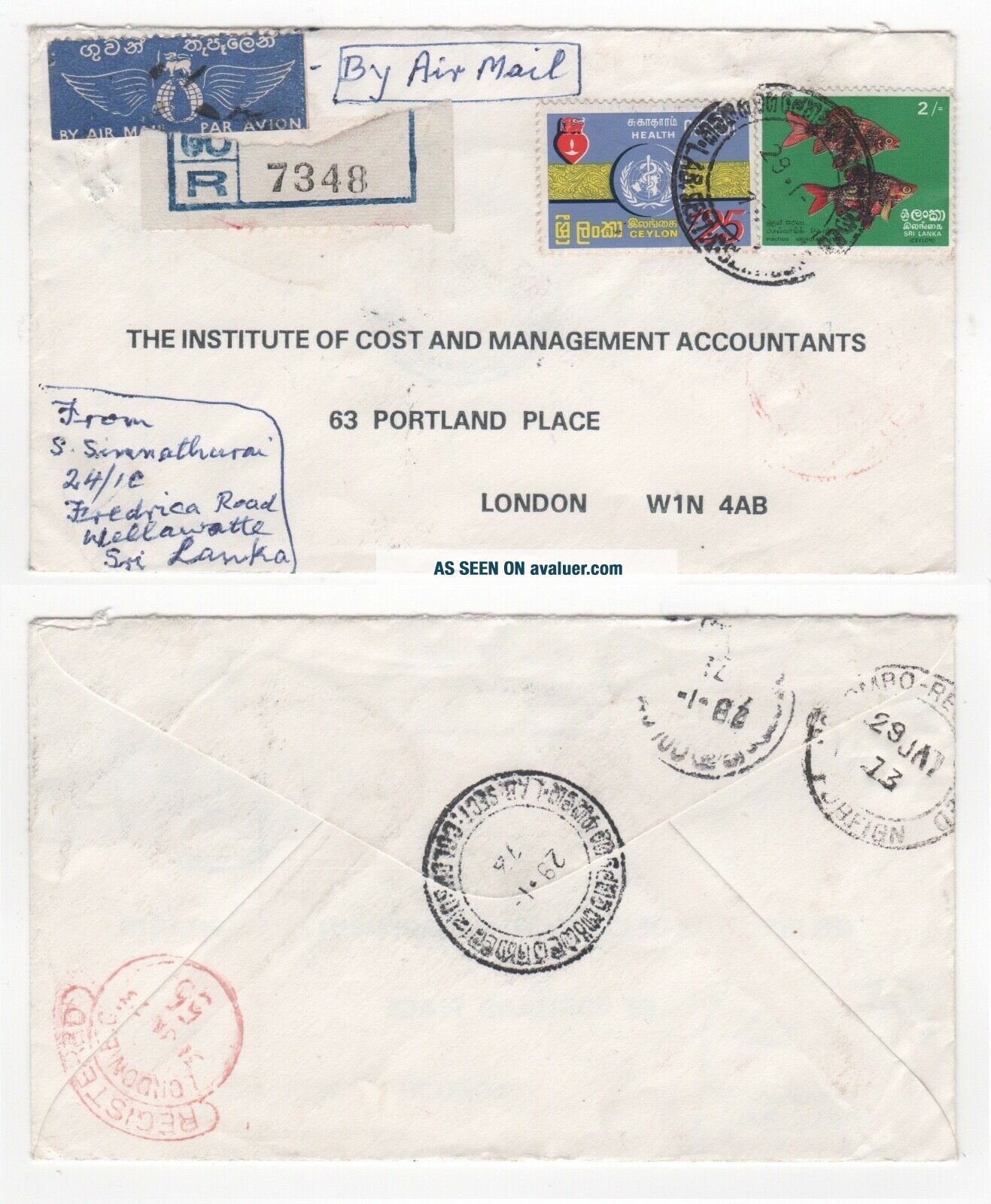 1973 SRI LANKA Registered Cover COLOMBO To LONDON GB Wellawatte CEYLON ...
