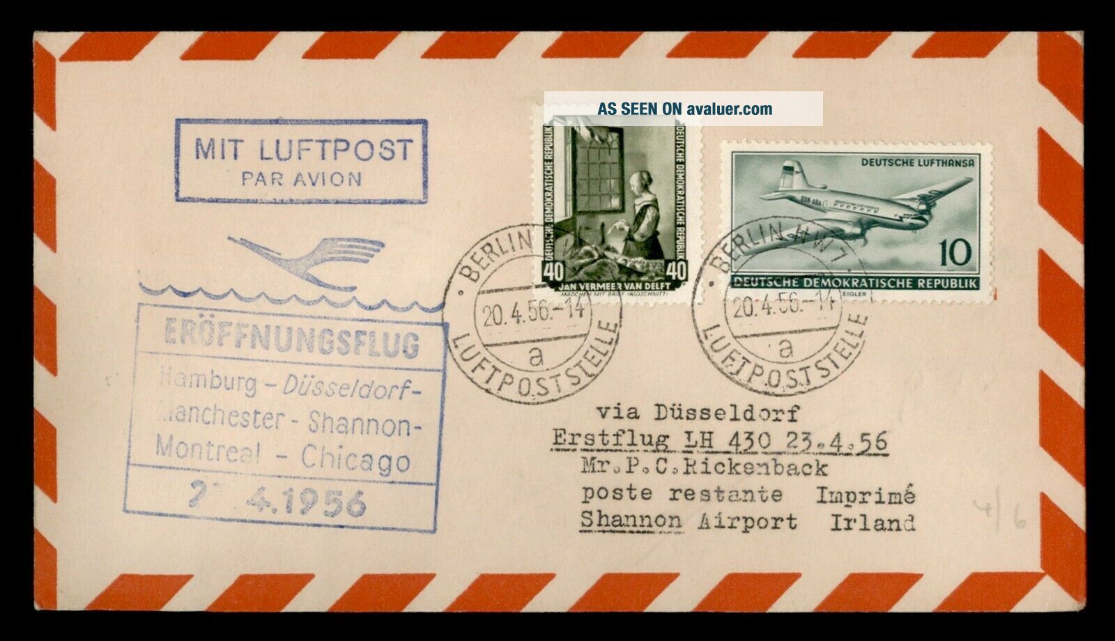DR WHO 1956 GERMANY DDR FIRST FLIGHT LUFTHANSA TO SHANNON IRELAND ...