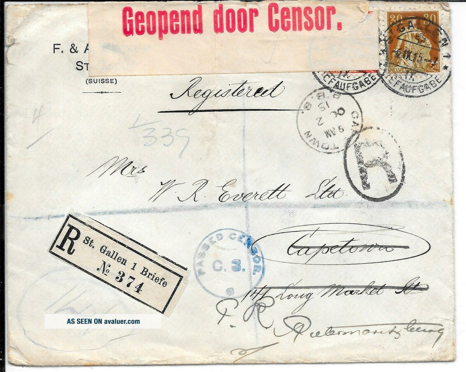 SWITZERLAND 1915 CENSORED COVER TO SOUTH AFRICA PURPLE CENSOR MARK ON ...