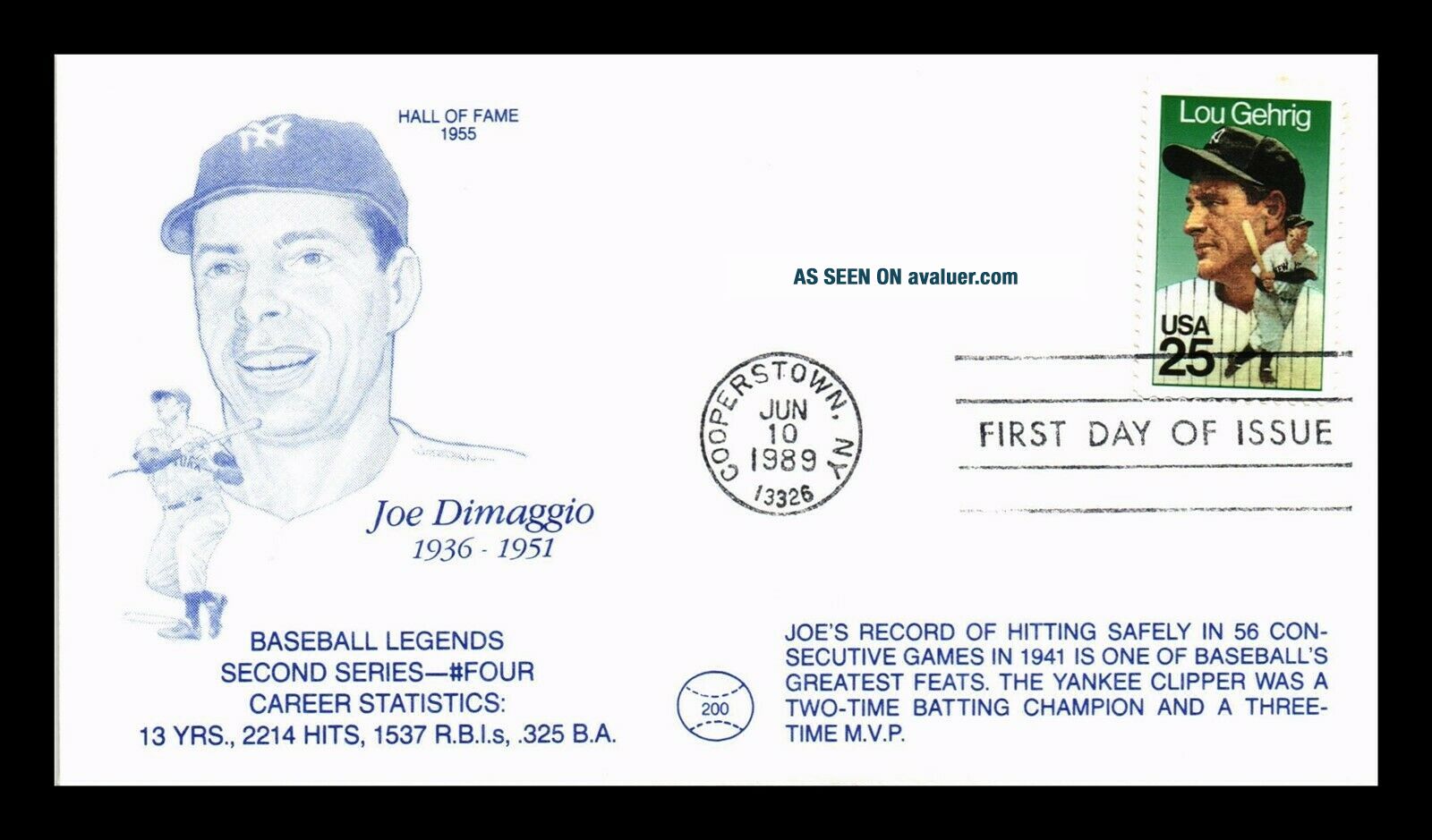 DR JIM STAMPS US JOE DIMAGGIO LOU GEHRIG BASEBALL HALL OF FAME FDC ...