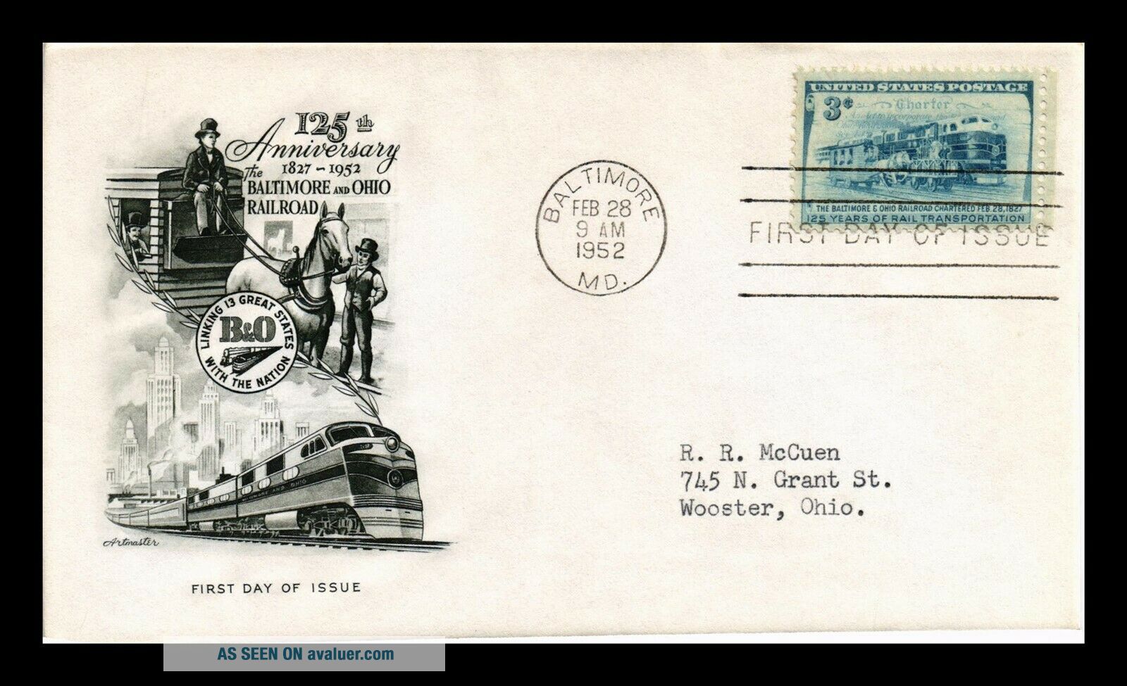 US COVER BALTIMORE AND OHIO RAILROAD 125TH ANNIVERSARY FDC SCOTT 1006 ...
