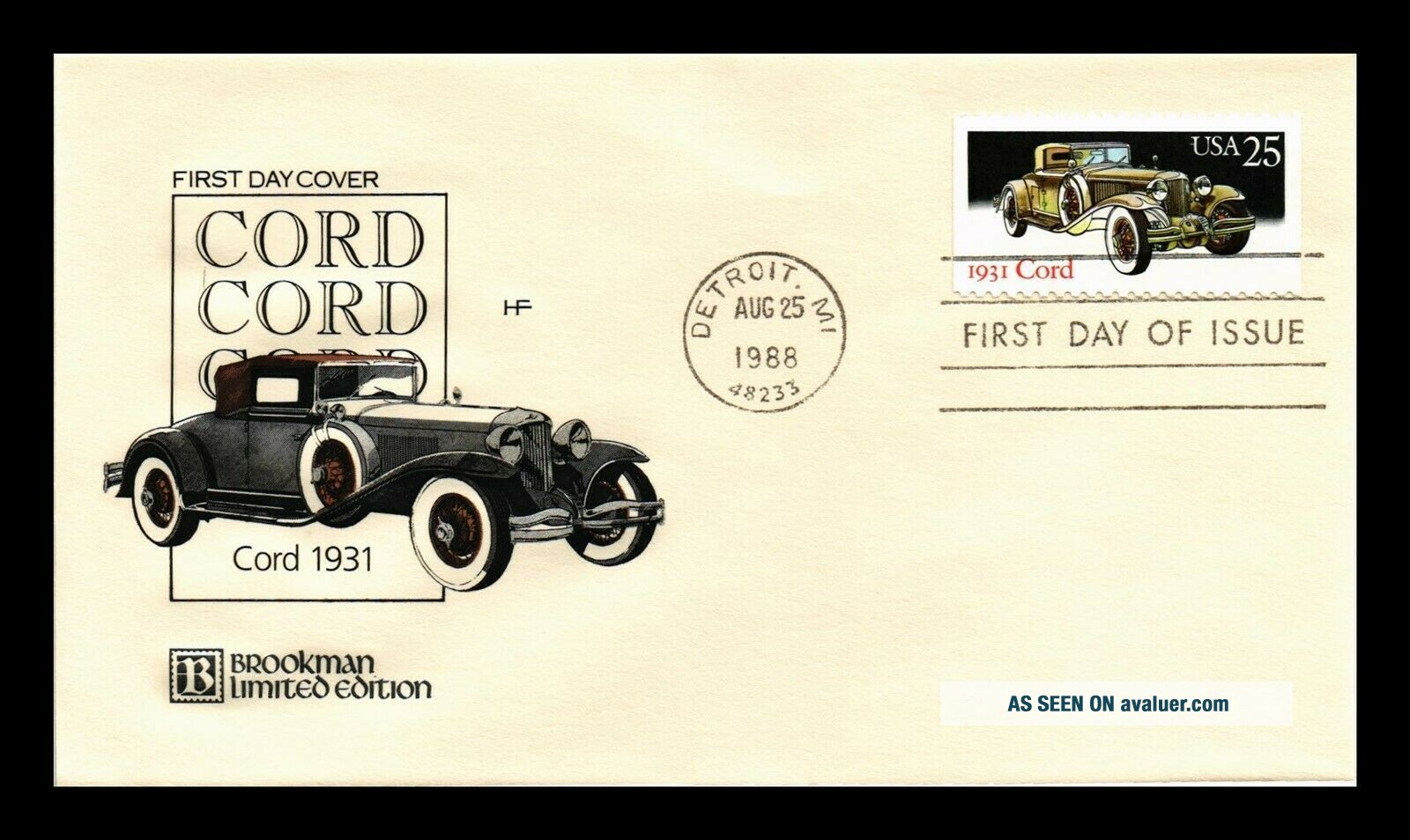 DR JIM STAMPS US CORD ANTIQUE AUTOMOBILE FIRST DAY COVER BROOKMAN ...