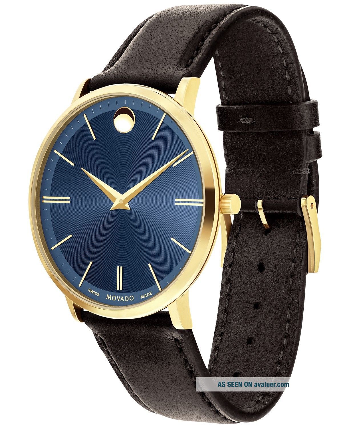 Movado Men ' S Ultra Slim Brown Leather Strap Blue Dial Watch 0607088 ...