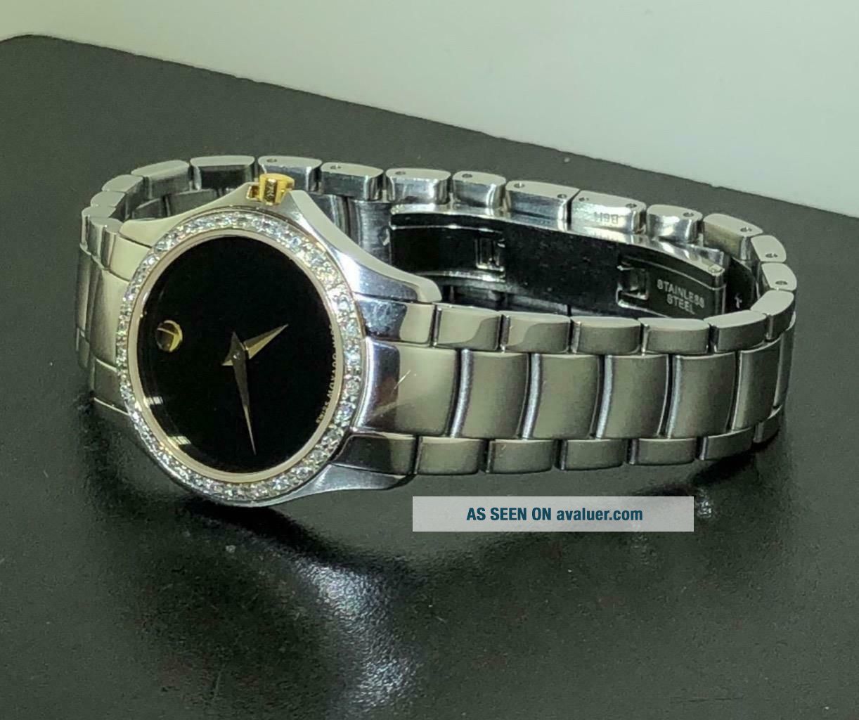 MOVADO WOMENS MASINO 2 TONE BLACK DIAL DIAMOND WATCH | #12480031