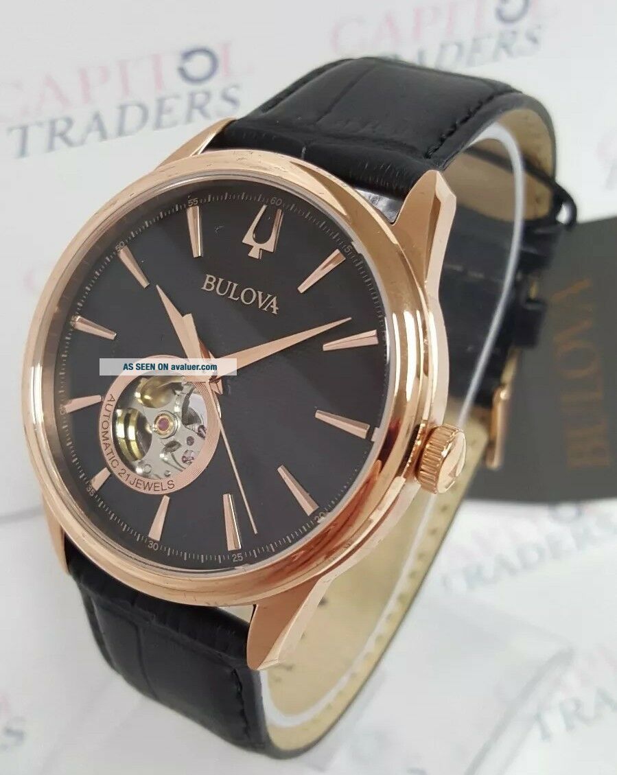 Bulova 97A140 Men ' S 42mm Rose Tone S/Steel Black Dial Automatic Watch ...