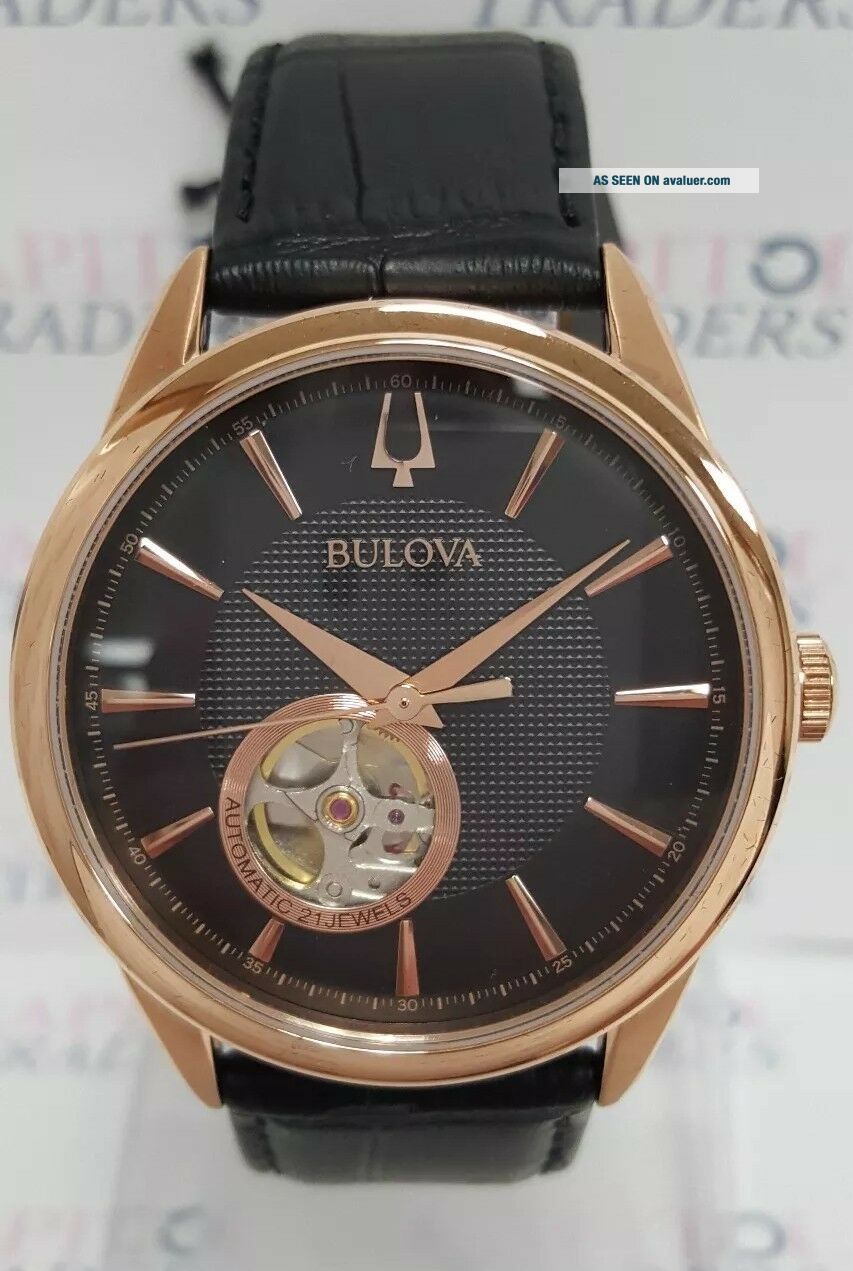 Bulova 97A140 Men ' S 42mm Rose Tone S/Steel Black Dial Automatic Watch ...