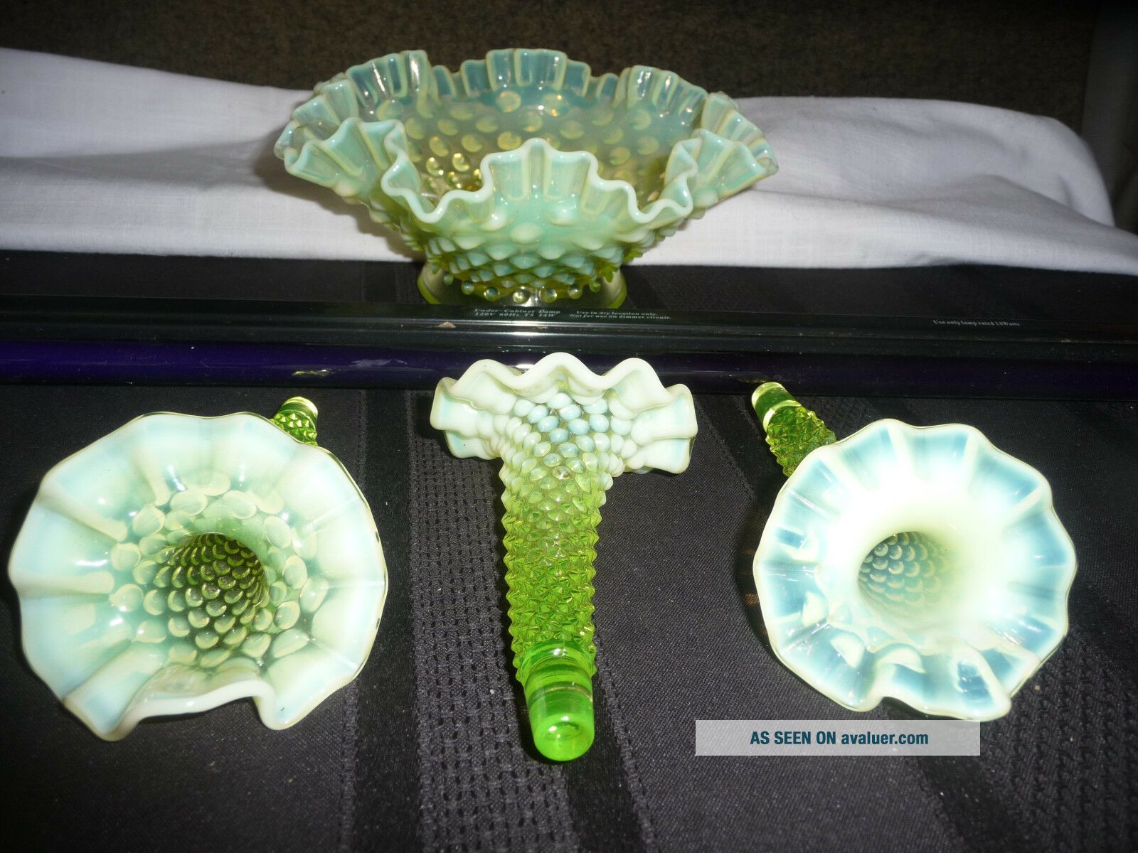 FENTON GLASS VASELINE TOPAZ OPALESCENT HOBNAIL EPERGNE RARE | #12568286