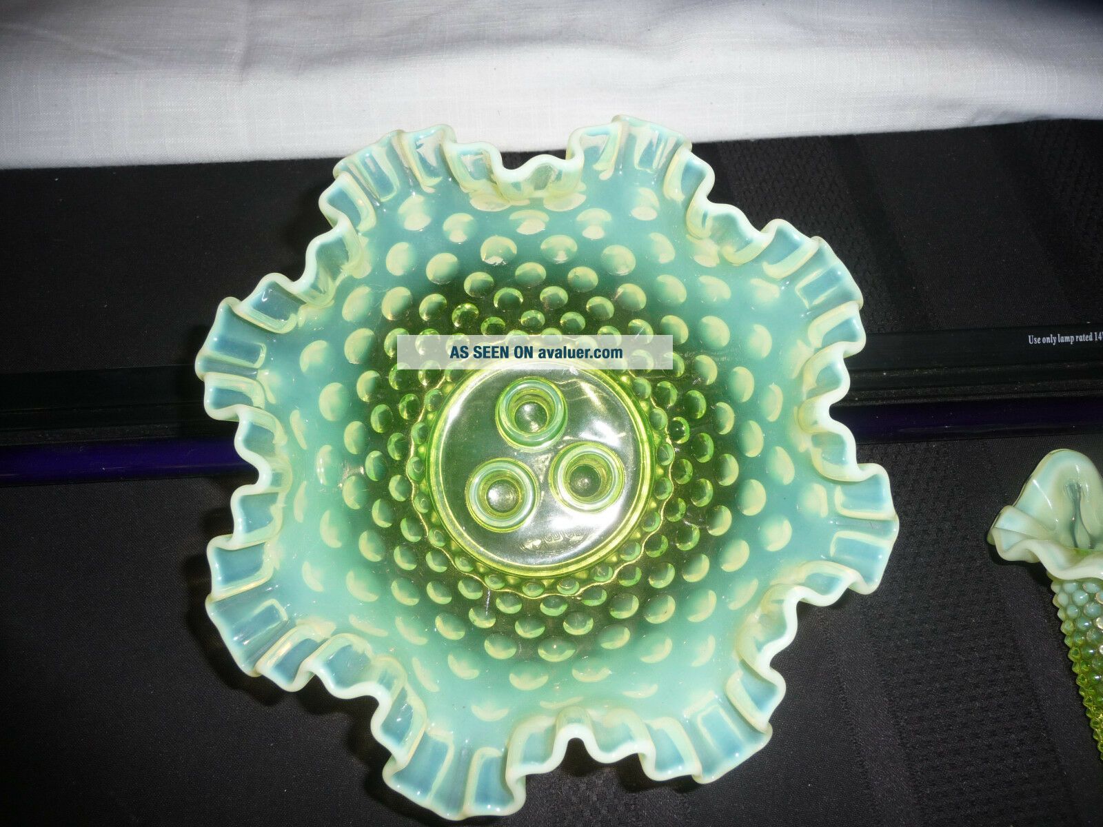 FENTON GLASS VASELINE TOPAZ OPALESCENT HOBNAIL EPERGNE RARE | #12568286