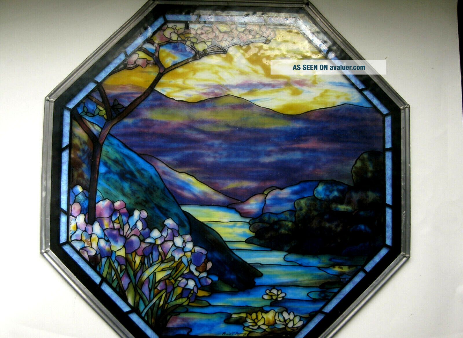 Signed Louis C. Tiffany Landscape 21 " Octagon Stained Glass Window ...