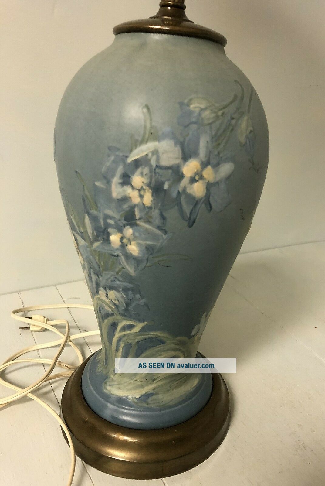 Weller Blue Pottery Vase Lamp Signed Le Fleur With Glass Shade | #12694753