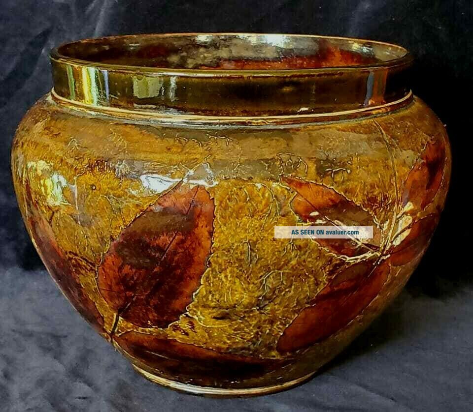Large 19th C Royal Doulton Pottery Jardiniere Pot W Impressed Leaves ...