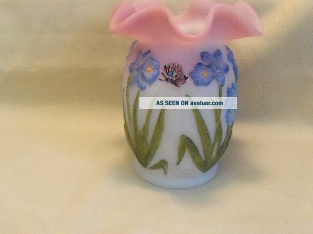 FENTON BLUE BURMESE VASE HANDPAINTED BY MARILYN WAGNER | #12881816