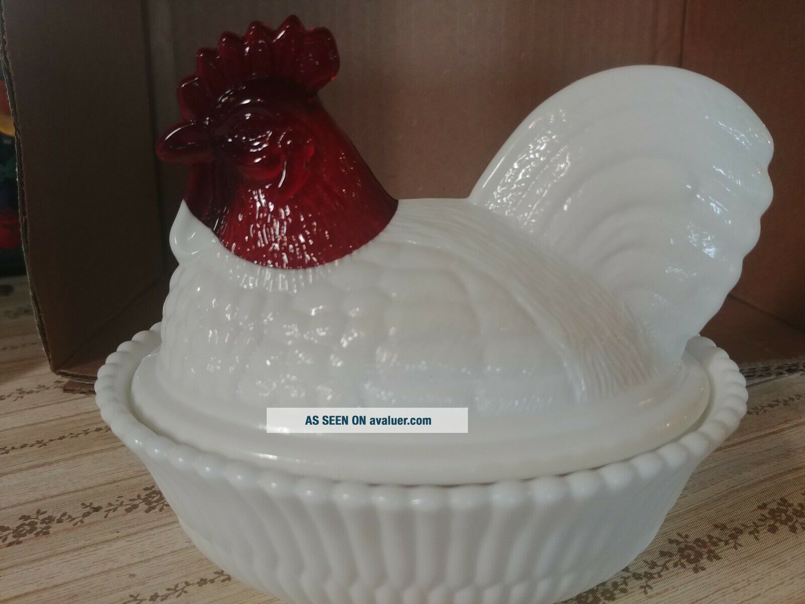 Vintage Milk Glass Red Head Rooster Covered Dish | #12928032