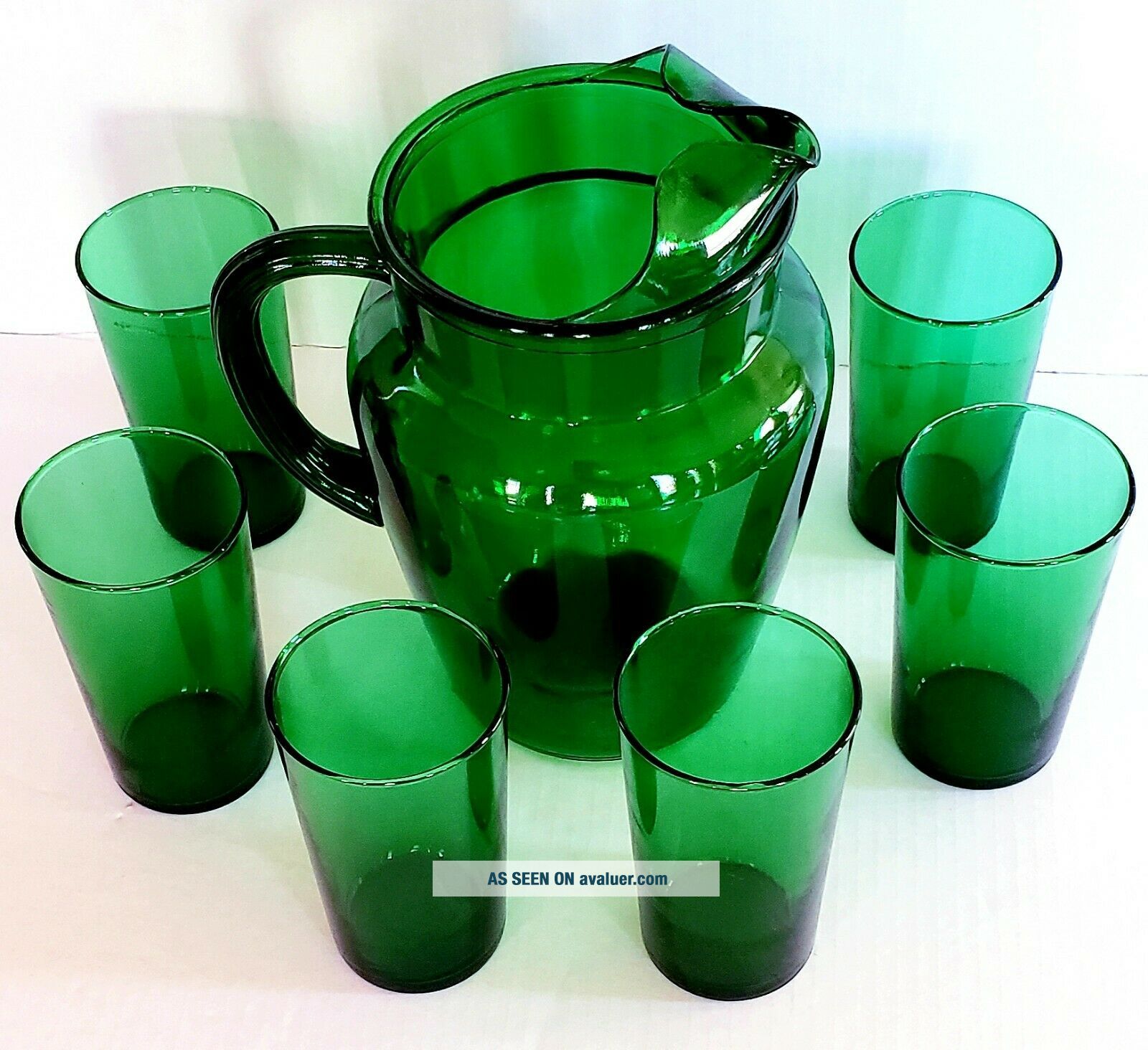 Vintage Anchor Hocking Forest Green Pitcher With Ice Guard And 6 ...