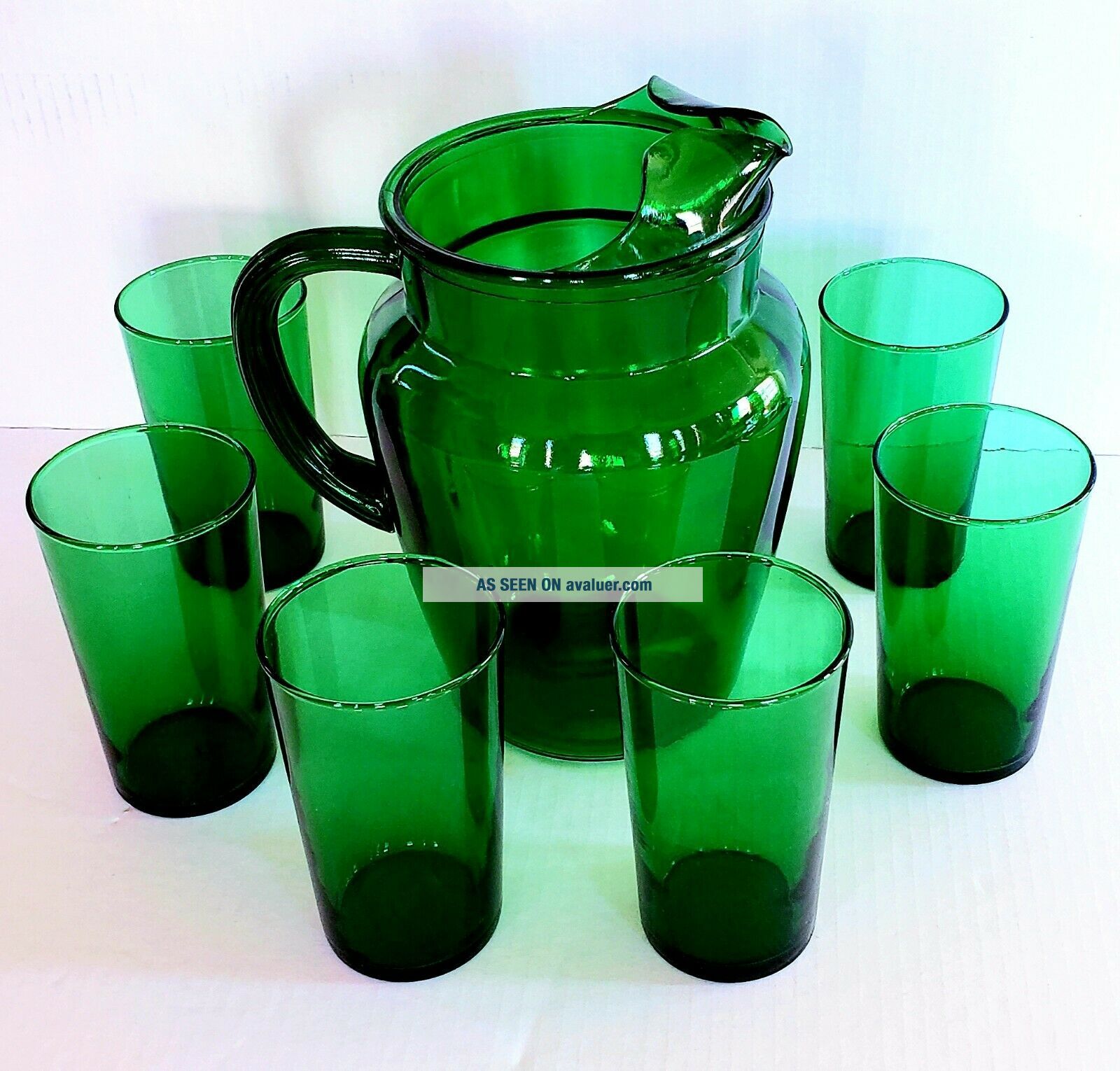 Vintage Anchor Hocking Forest Green Pitcher With Ice Guard And 6 ...