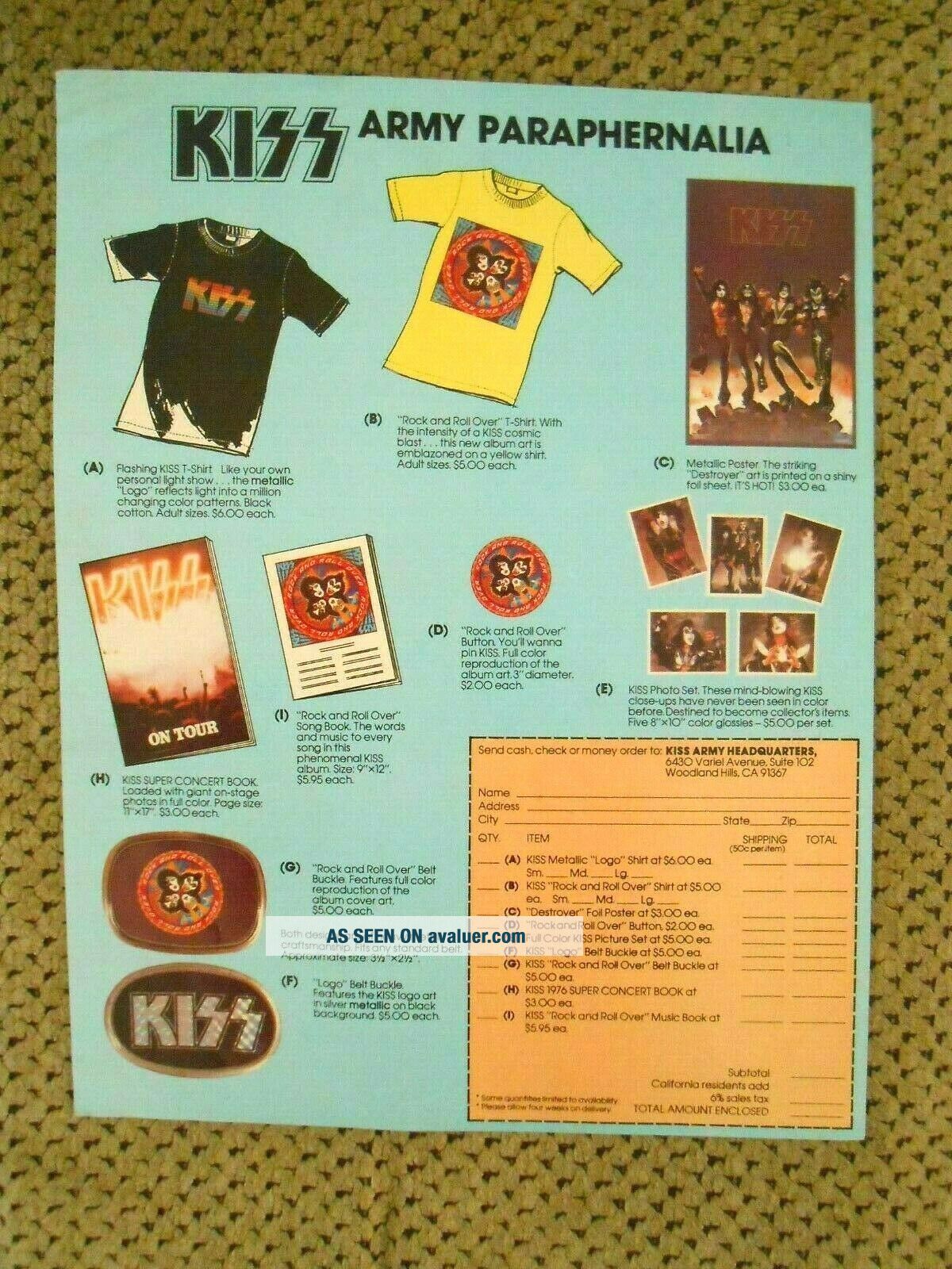 KISS Army Paraphernalia Order Form And Questionnaire Vintage 1976 U. S ...