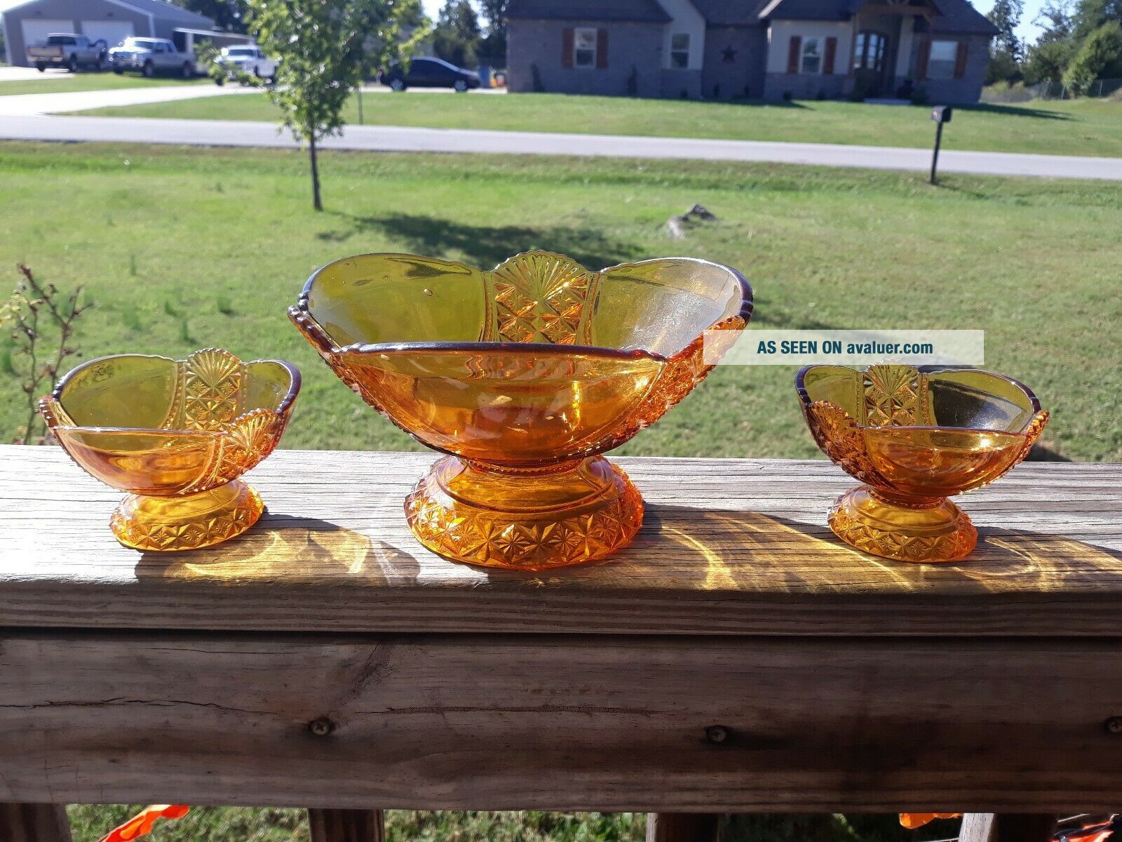 EAPG Richards And Hartley Amber Glass Paneled Diamond Cut And Fan Set 3 ...