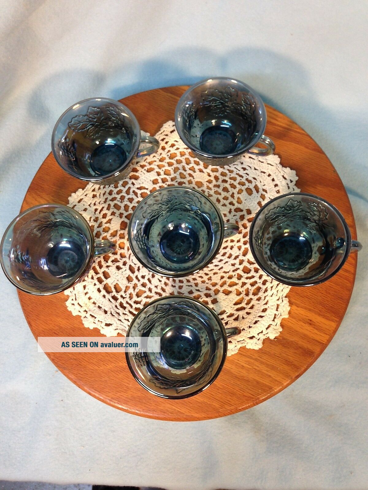 Six Vintage Antique Blue Carnival Glass Punch Bowl Cups | #13003643