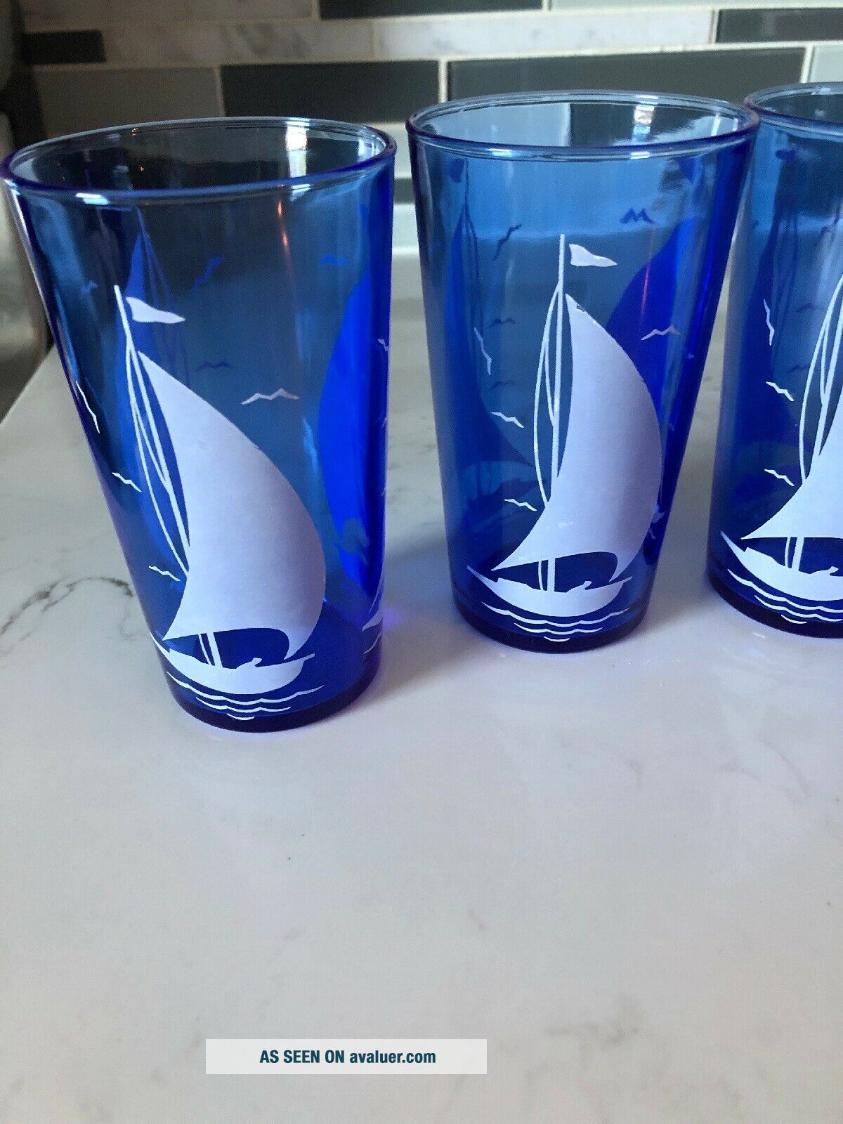 4 Hazel Atlas Cobalt Blue Ships Sailboats Tumblers 4 1/2 | #13016969