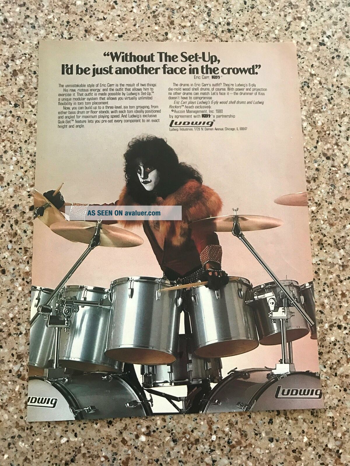 1982 VINTAGE 8X11 PRINT Ad FOR LUDWIG DRUMS WITH ERIC CARR OF THE BAND ...